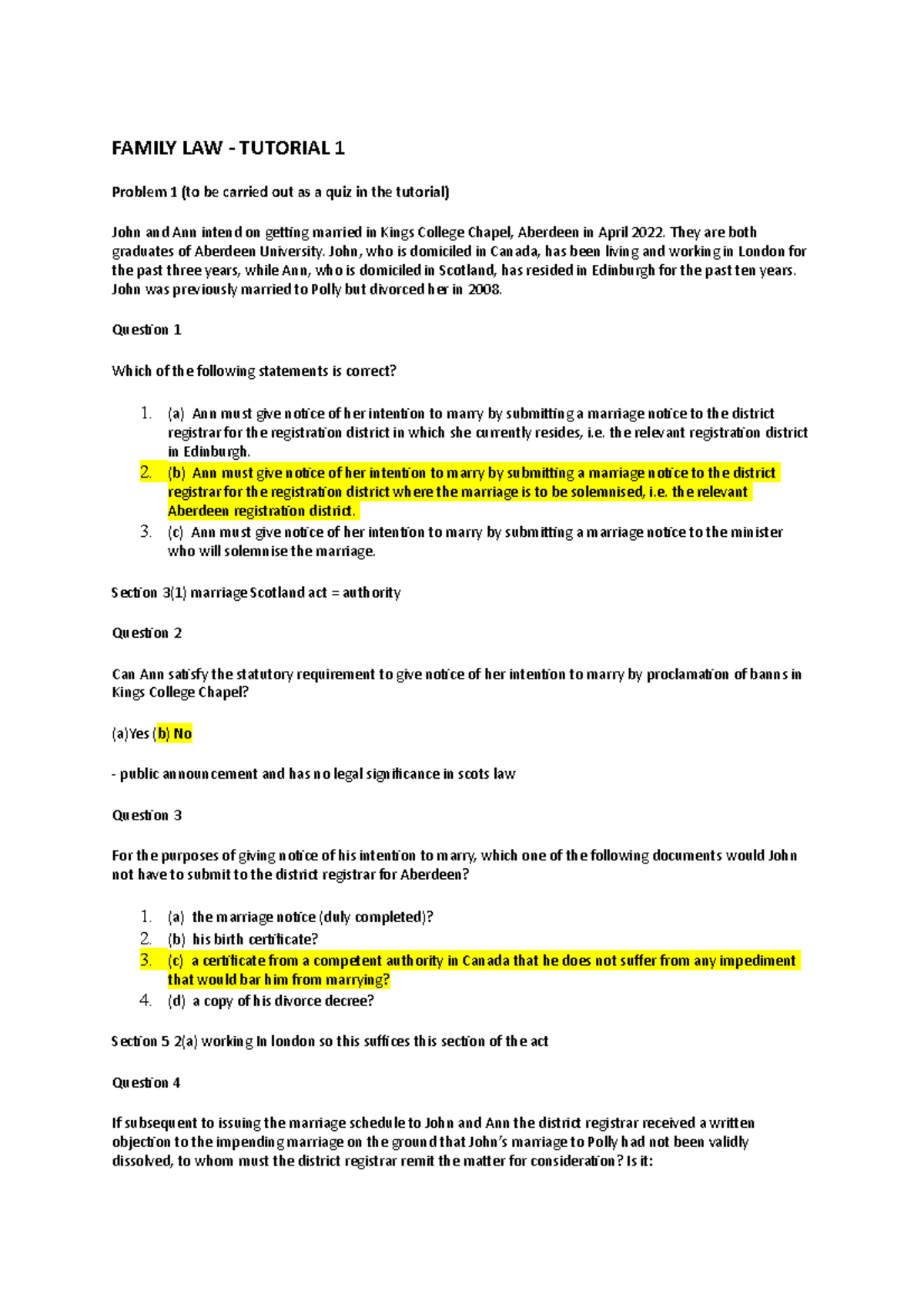 Family Law Tutorial 1 - FAMILY LAW - TUTORIAL 1 Problem 1 (to be ...