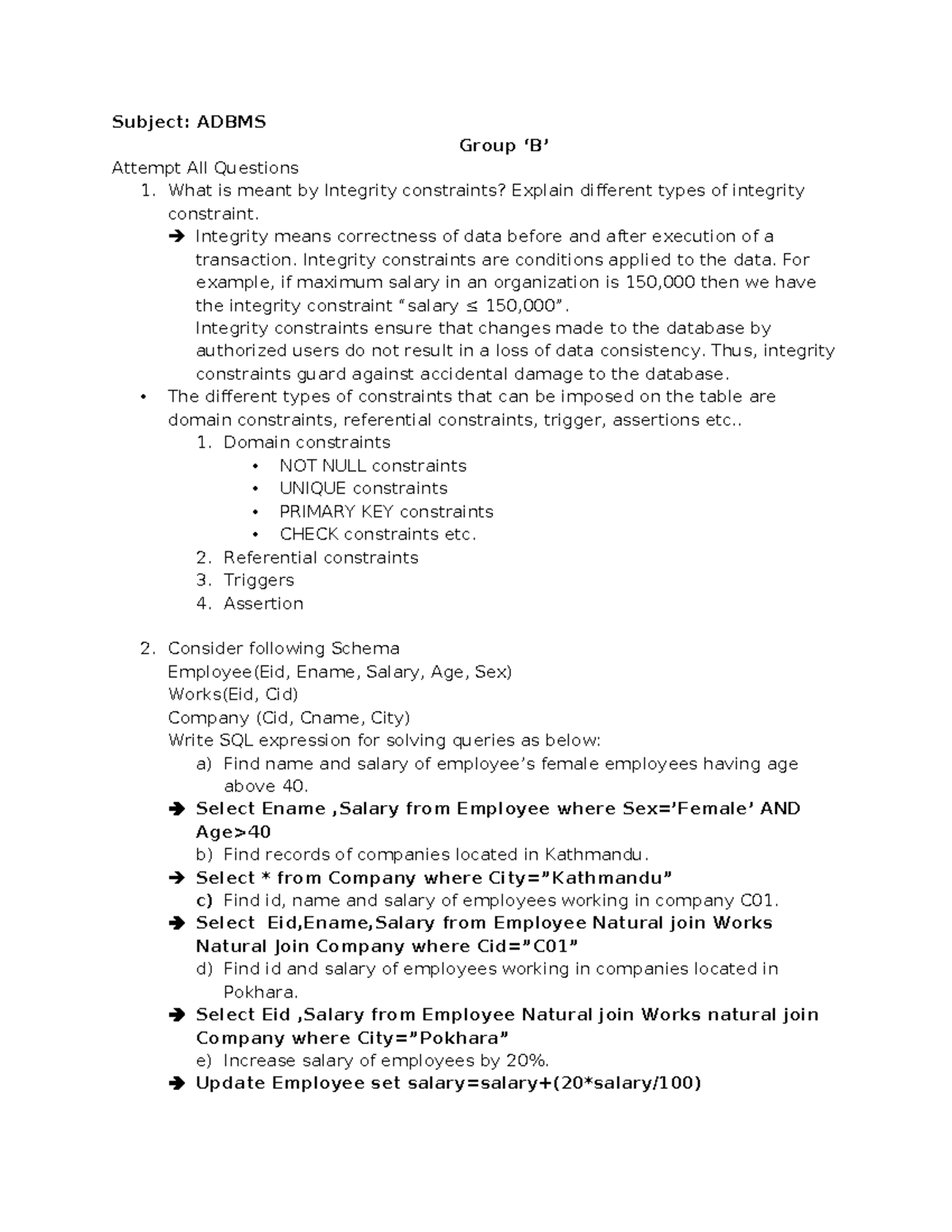 DBMS-solutions - Solution of question related to Database management ...