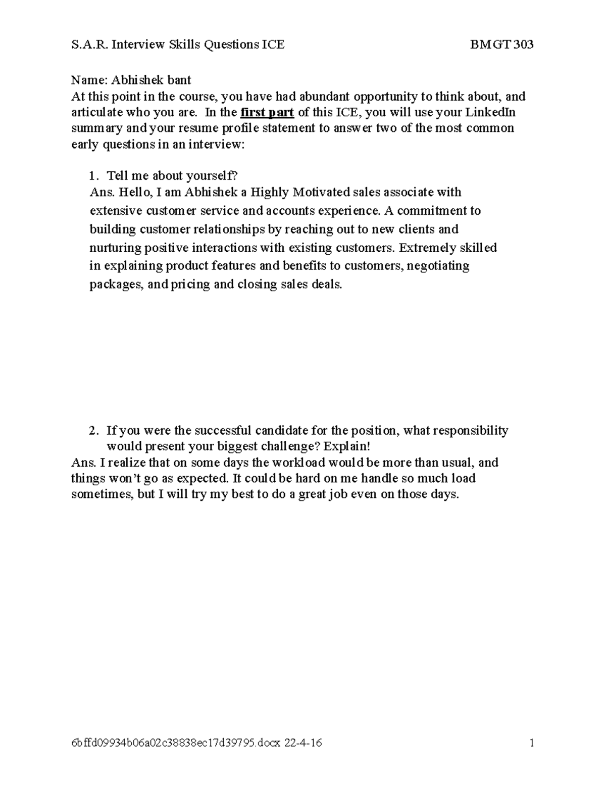 SAR Interviewing Skills ICE - BMGT 304 - Studocu