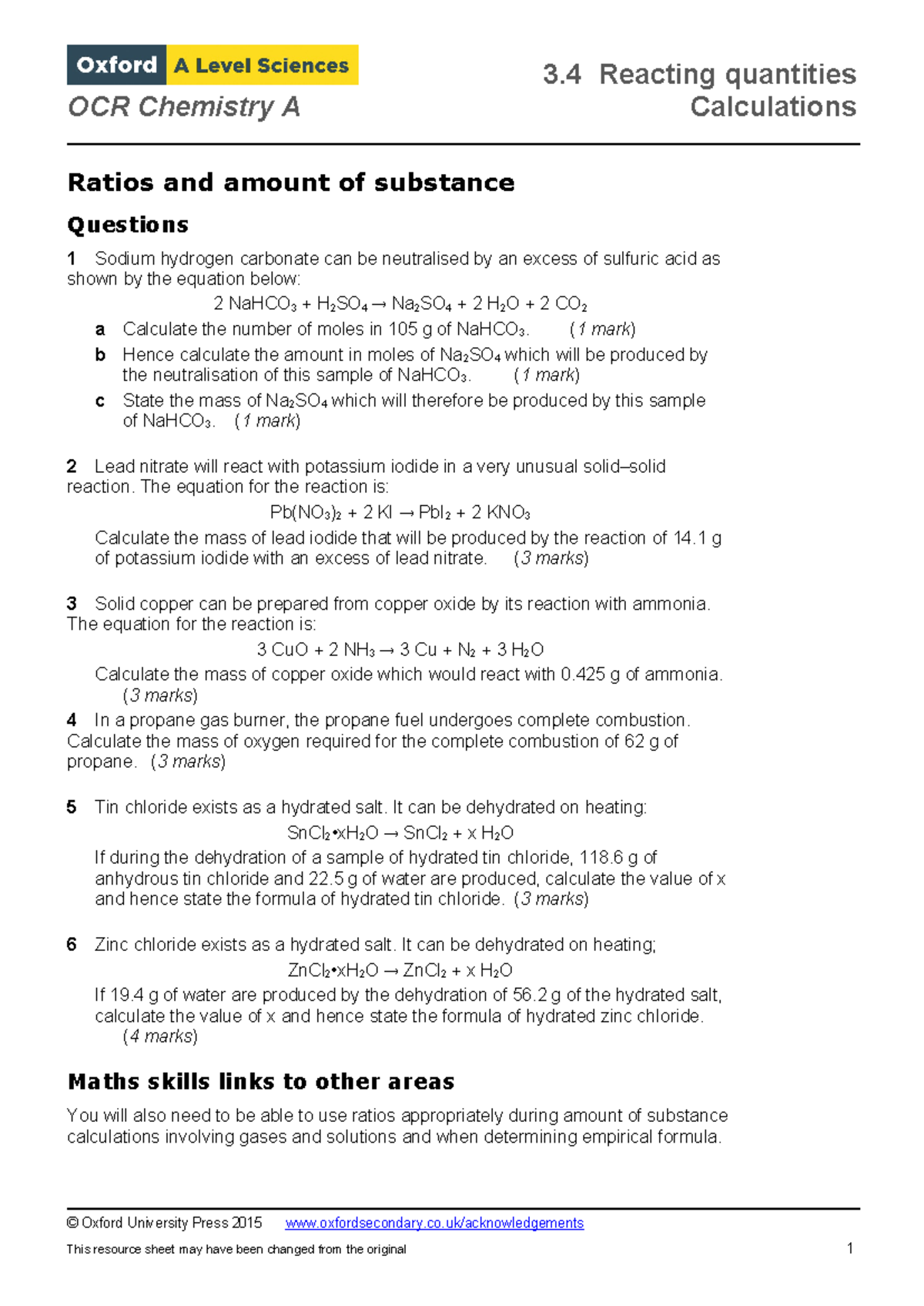 Amount of substance questions - 3 Reacting quantities OCR Chemistry A Calculations Ratios and ...