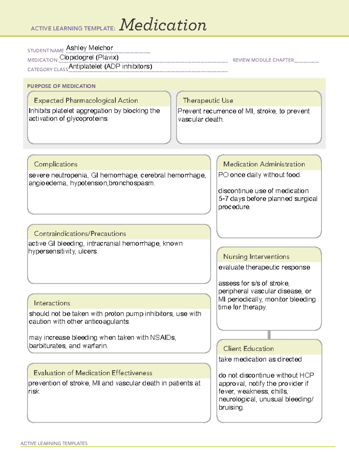 Clopidogrel med template - ACTIVE LEARNING TEMPLATES Medication STUDENT ...