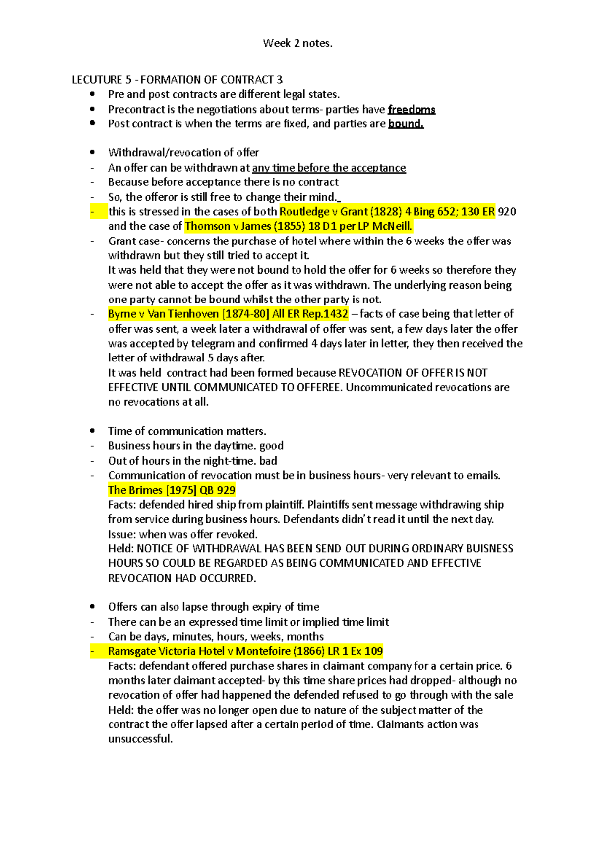 Week 2 notes - LECUTURE 5 - FORMATION OF CONTRACT 3 Pre and post ...