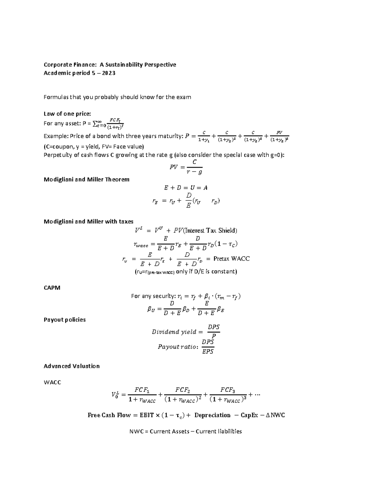 Formula sheet 2023 - Formule blad - Corporate Finance: A Sustainability ...