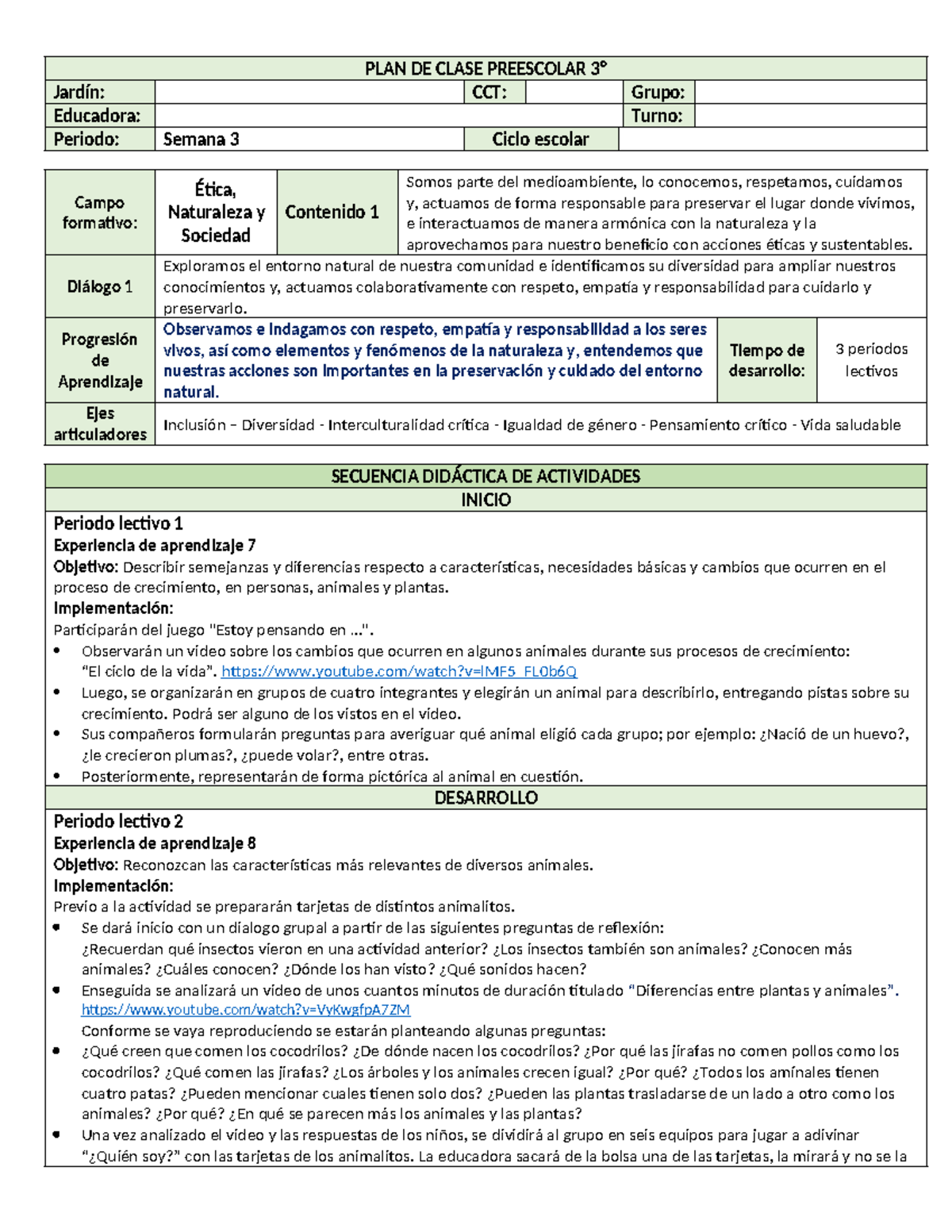 ENS C1 D1. Semana 3 - Proyectos didácticos educación preescolar - PLAN DE CLASE PREESCOLAR 3 ...