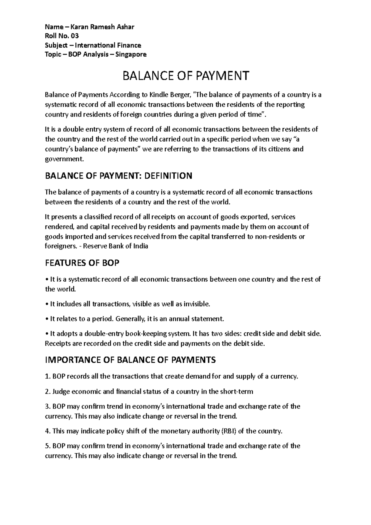 BOP Assignment Karan Ramesh Ashar - Roll No. 03 Subject – International ...