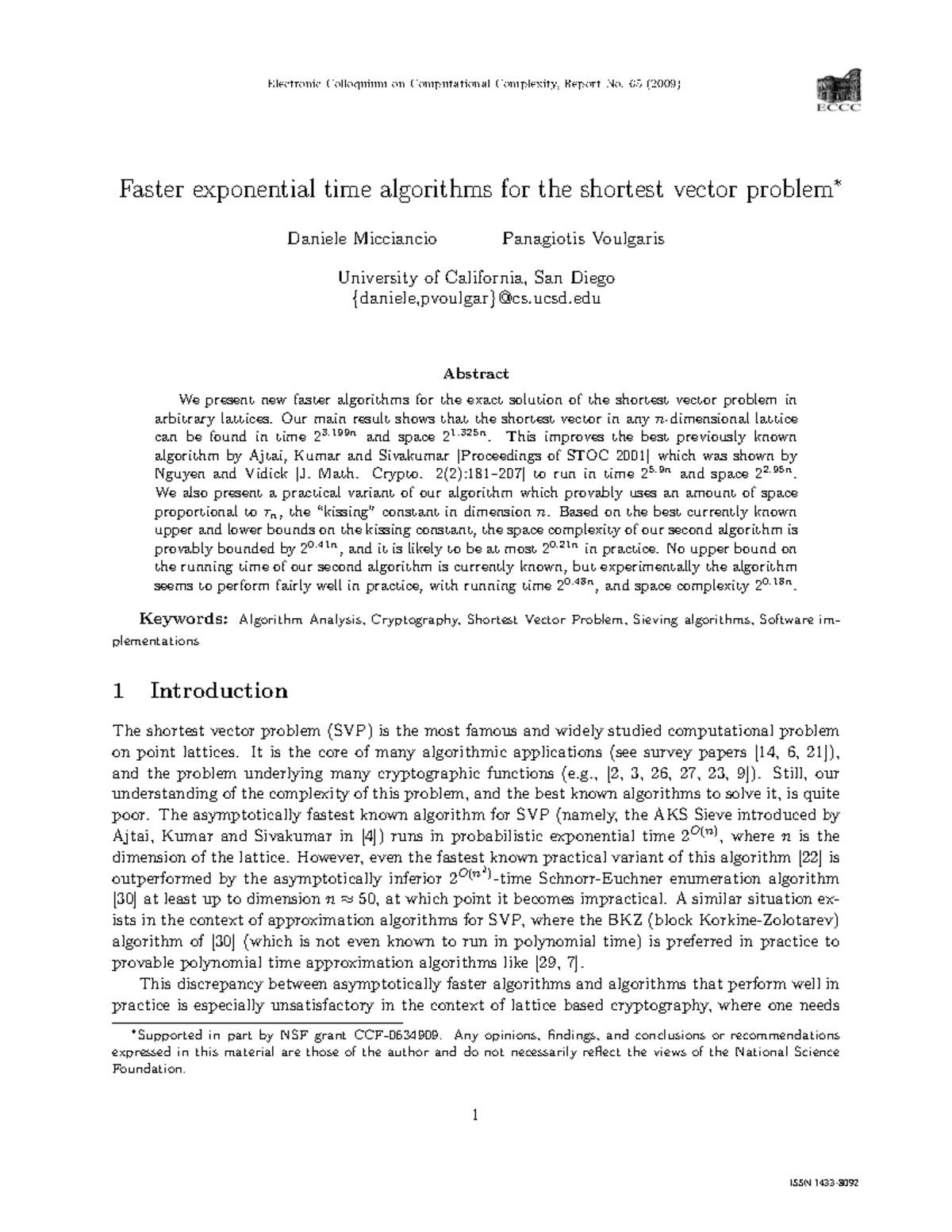 Faster Exponential Time Algorithms For The Shortest Vector Problem Ucsd Abstract We Present