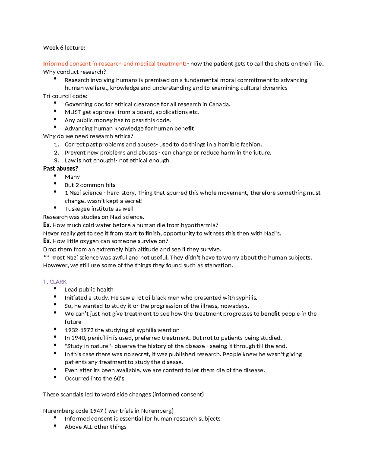 2610 week lecture notes - Week 6 lecture: Informed consent in research ...