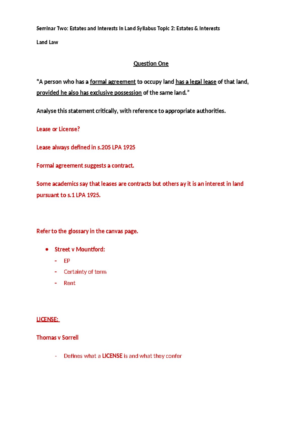 Seminar 2 - Summary Land Law - Land Law Question One “A person who has ...