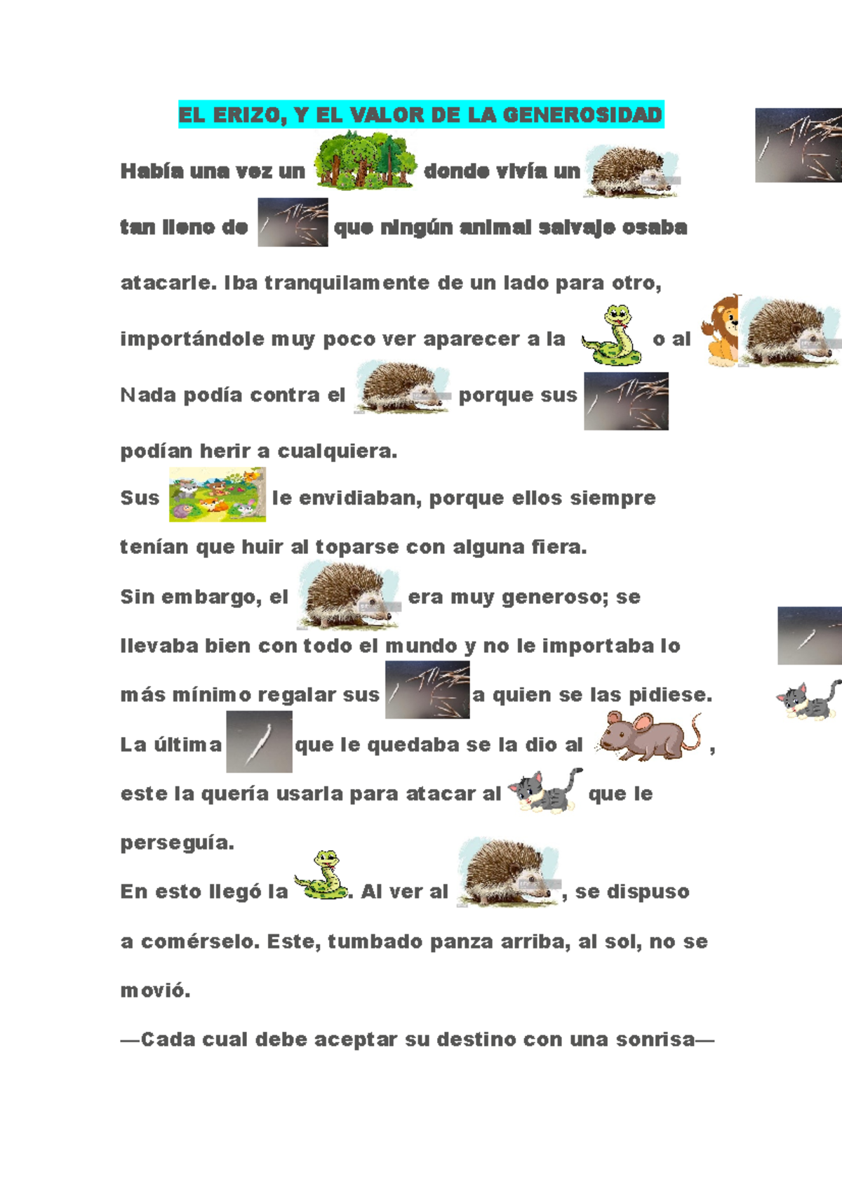 EL Erizo Y EL Valor DE LA Generosidad - EL ERIZO, Y EL VALOR DE LA ...