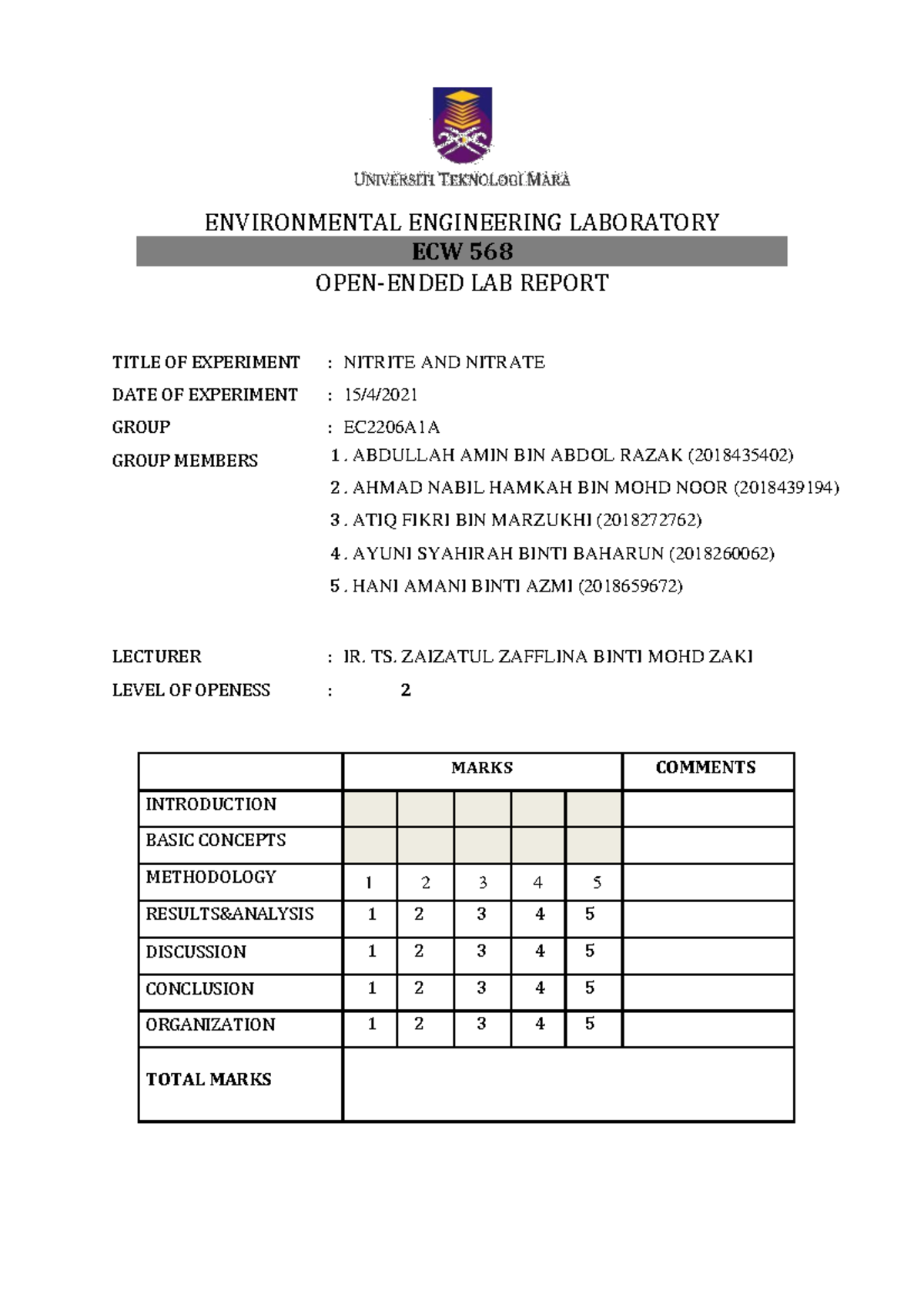 Nitrate and Nitrite Study ecw568 - ENVIRONMENTAL ENGINEERING LABORATORY ...