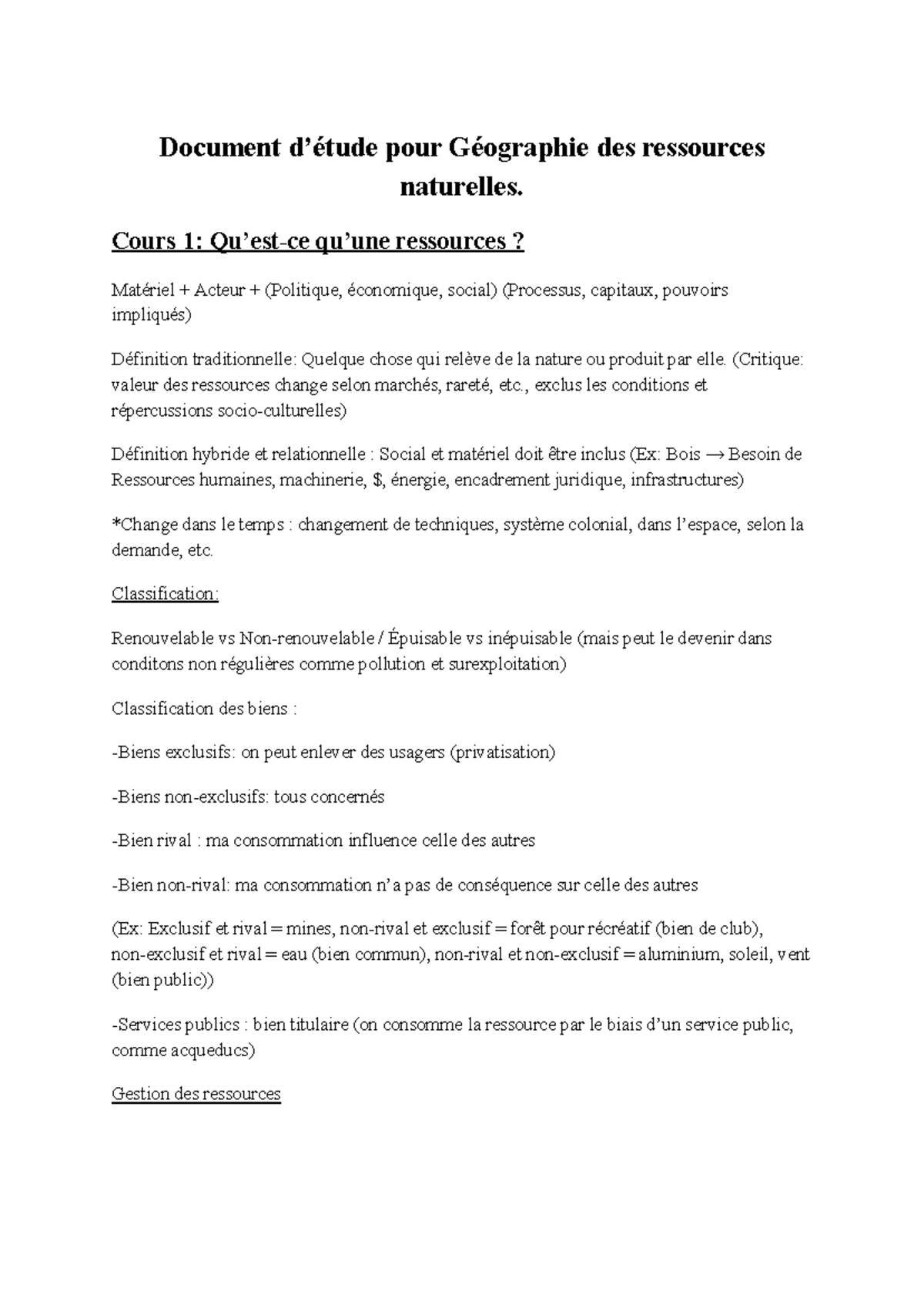 Document d’étude pour Géographie des ressources naturelles - Cours 1 ...