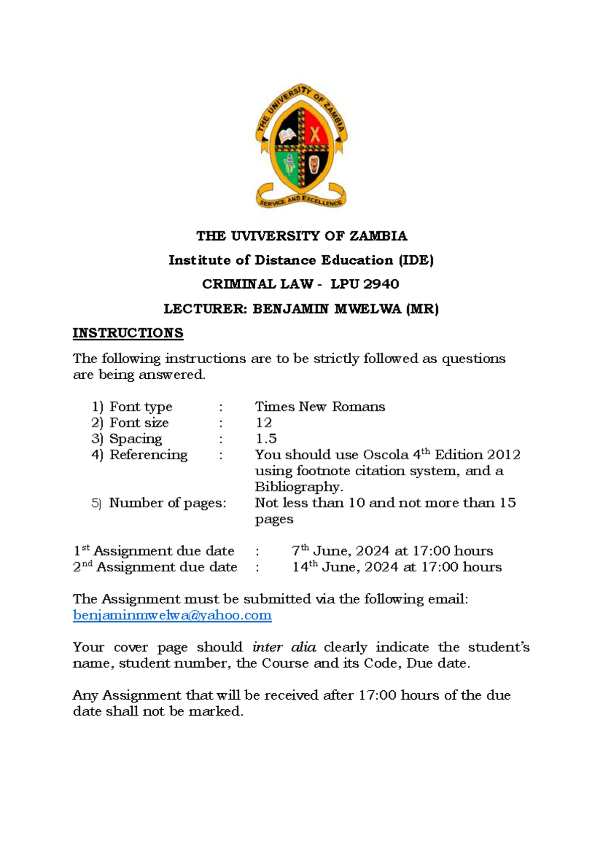 UNZA Assignments - LLB - For revisions - THE UVIVERSITY OF ZAMBIA ...
