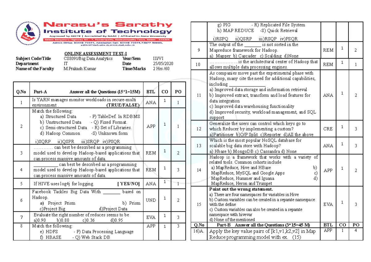 BDA - Online Assessment TEST1 - ONLINE ASSESSMENT TEST-I Subject Code ...