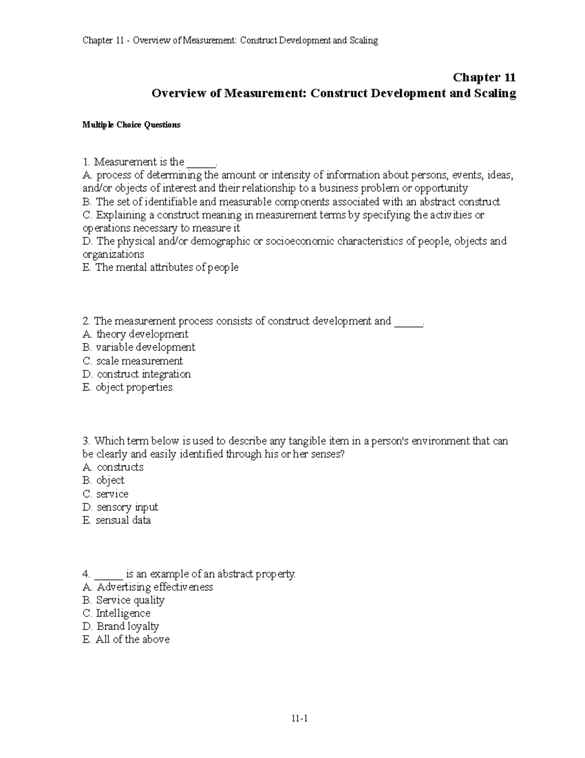 Chap011 - Test bank - Chapter 11 Overview of Measurement: Construct ...