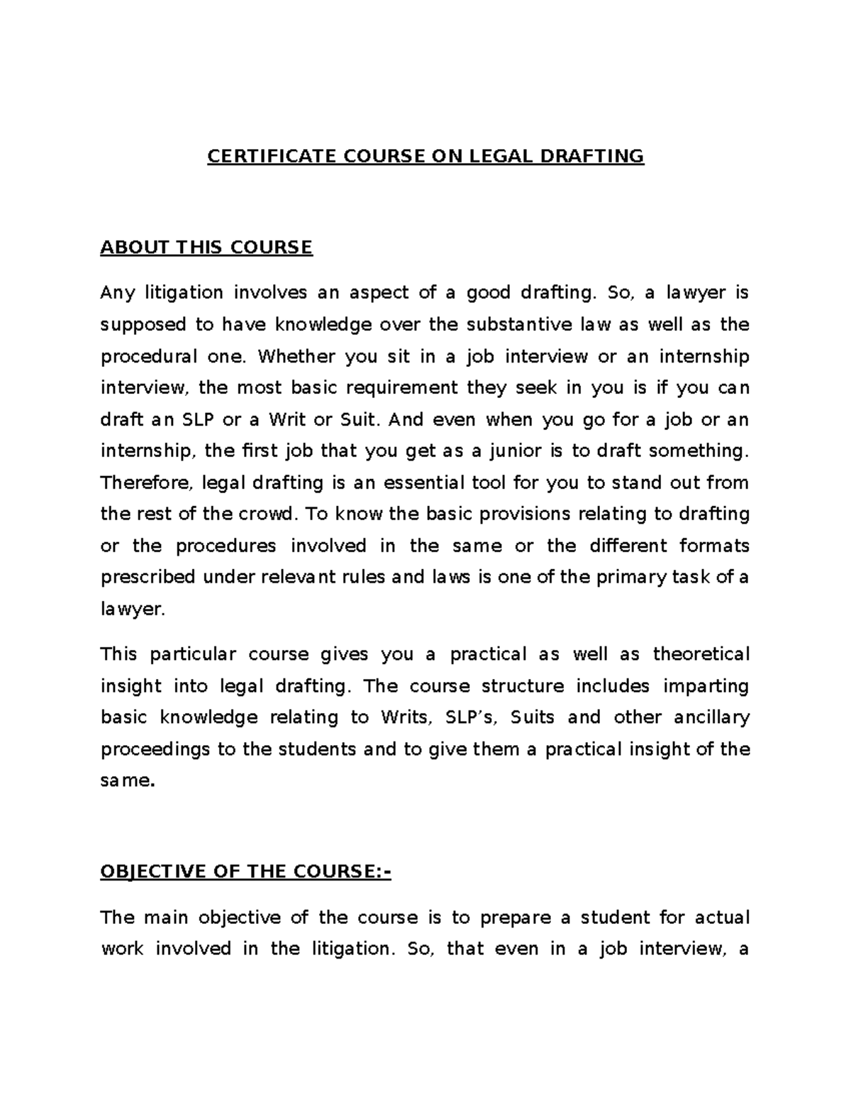Certificate Course on Legal Drafting - CERTIFICATE COURSE ON LEGAL ...