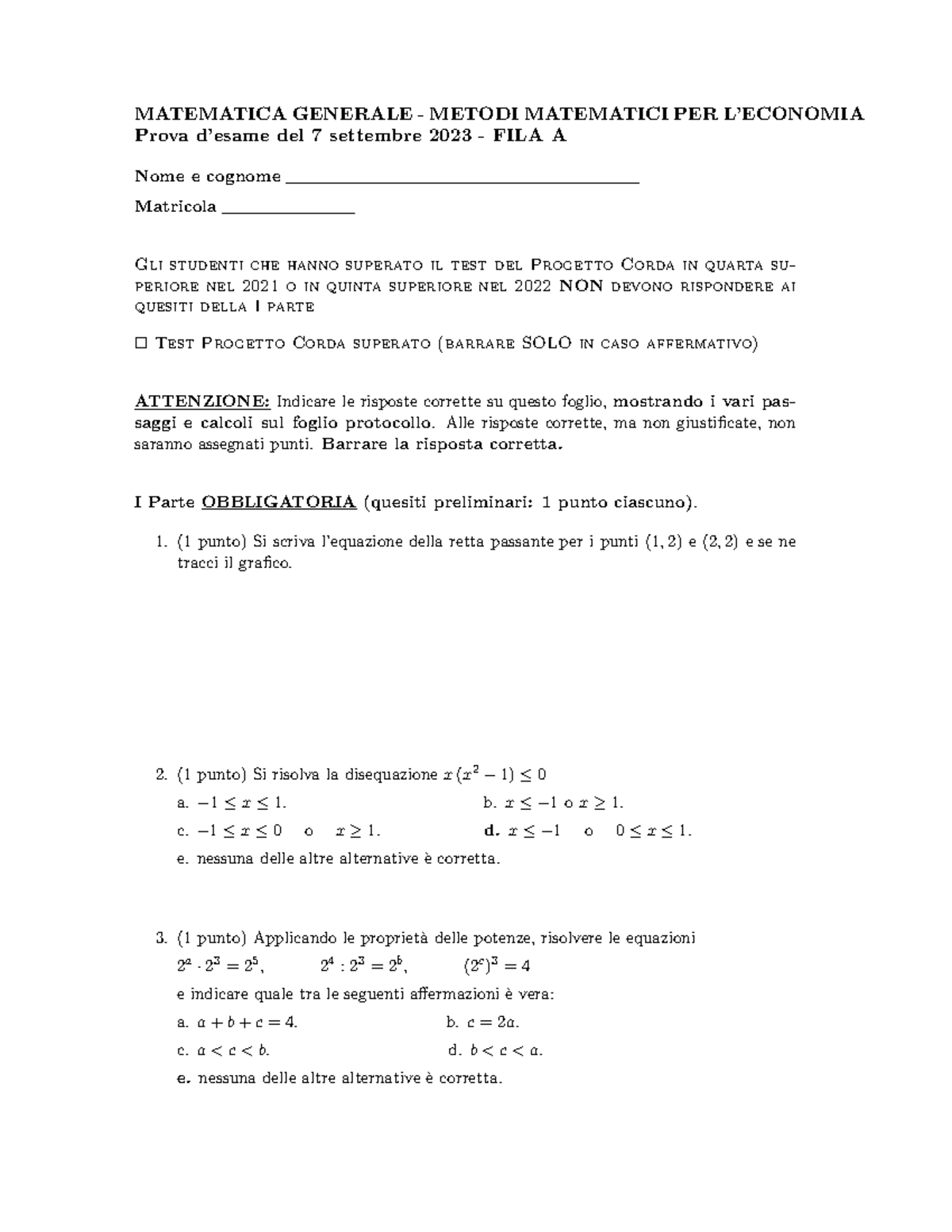 MG7sett2023 - Soluzioni - MATEMATICA GENERALE - METODI MATEMATICI PER L’ECONOMIA Prova d’esame ...