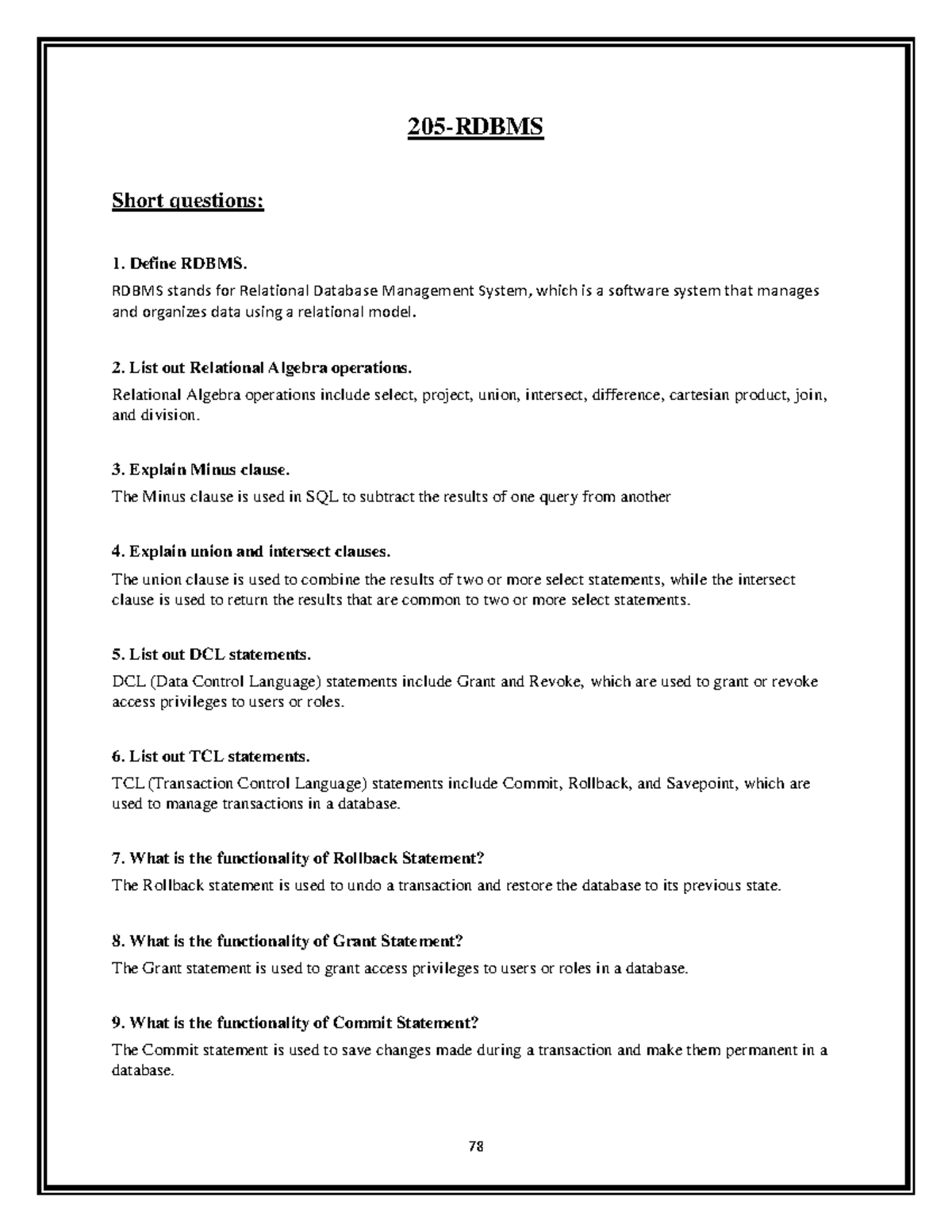 Sem 2 Rdbms Qa Question Answer For Exam Preparations 205 Rdbms Short Questions Define