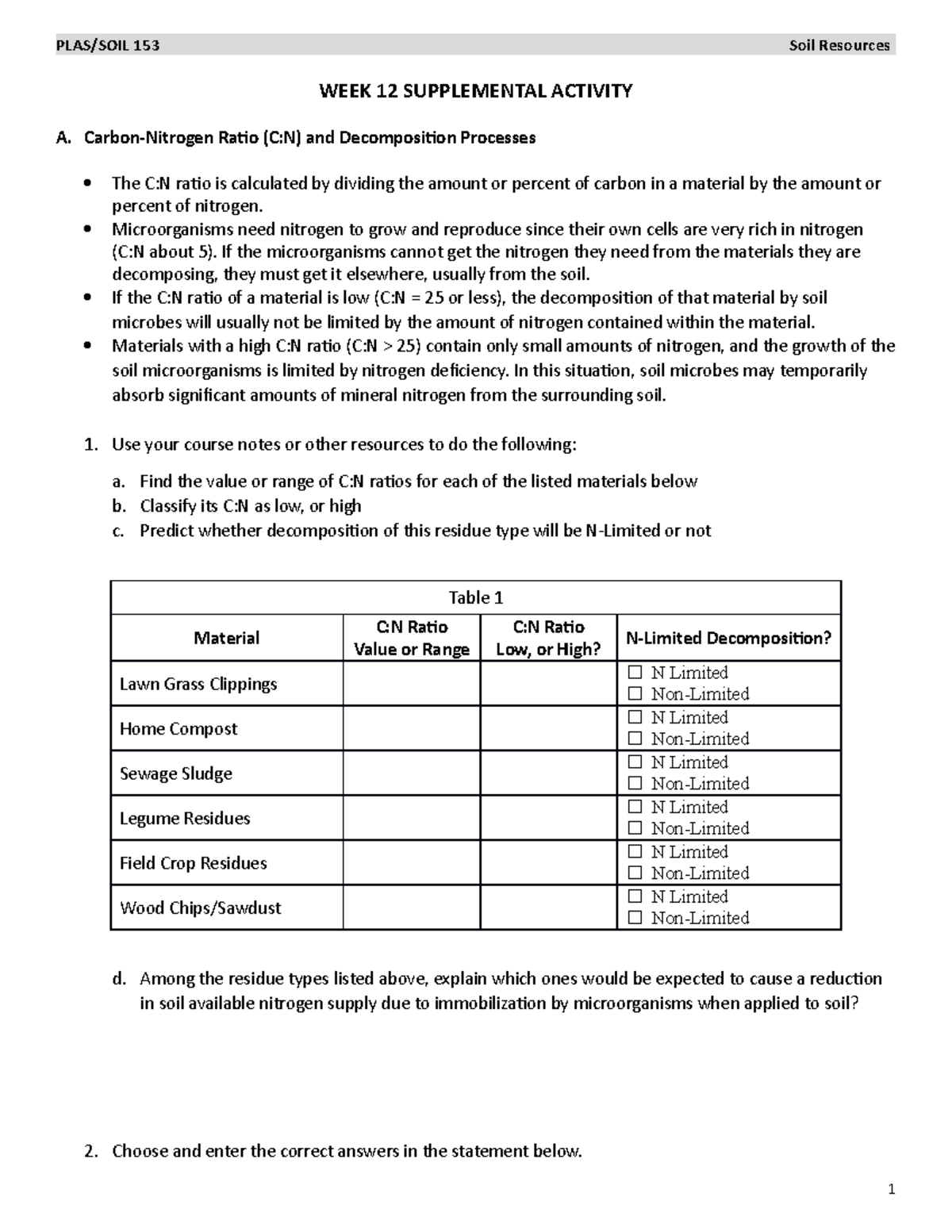 Week 12 Supplemental Activity - WEEK 12 SUPPLEMENTAL ACTIVITY A. Carbon ...