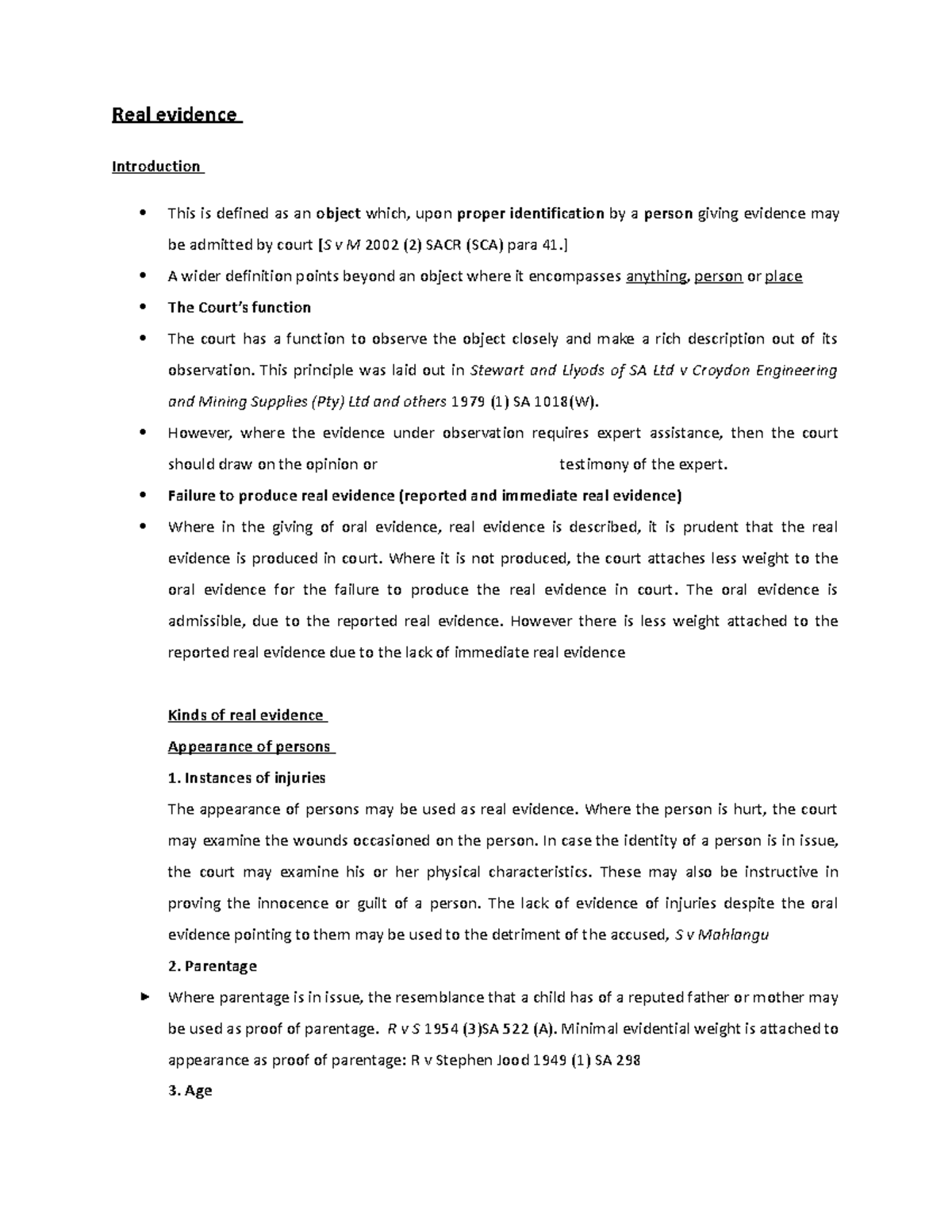 Evidence term 3 notes - Real evidence Introduction This is defined as ...