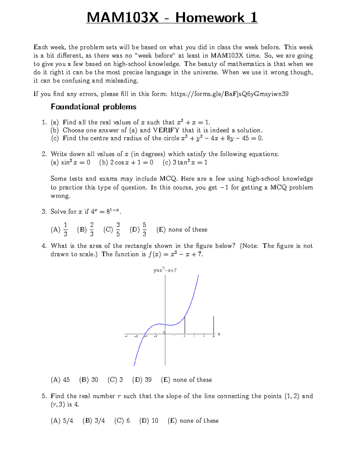 Homework/Tutorial 1 - MAM103X - Homework 1 Each week, the problem sets will be based on what you ...