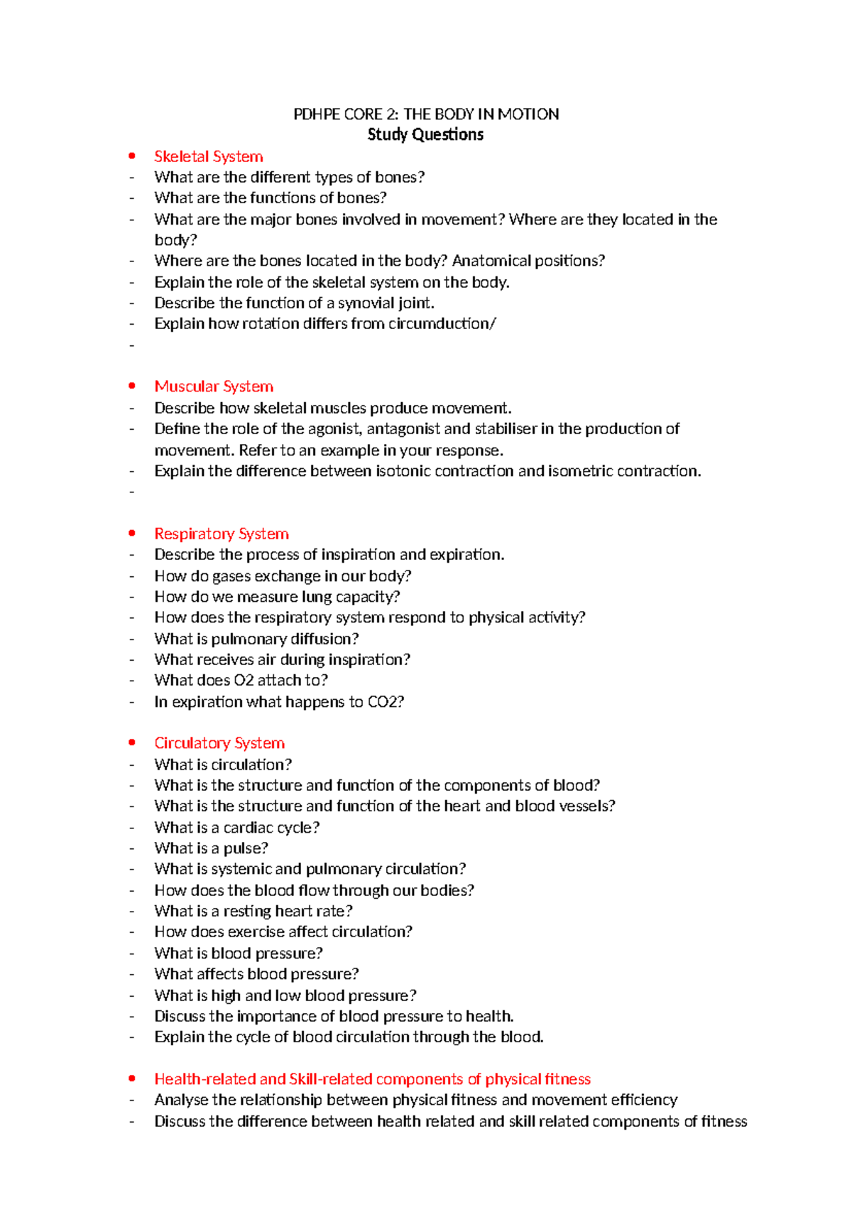 Core 2 notes - PDHPE CORE 2: THE BODY IN MOTION Study Questions ...
