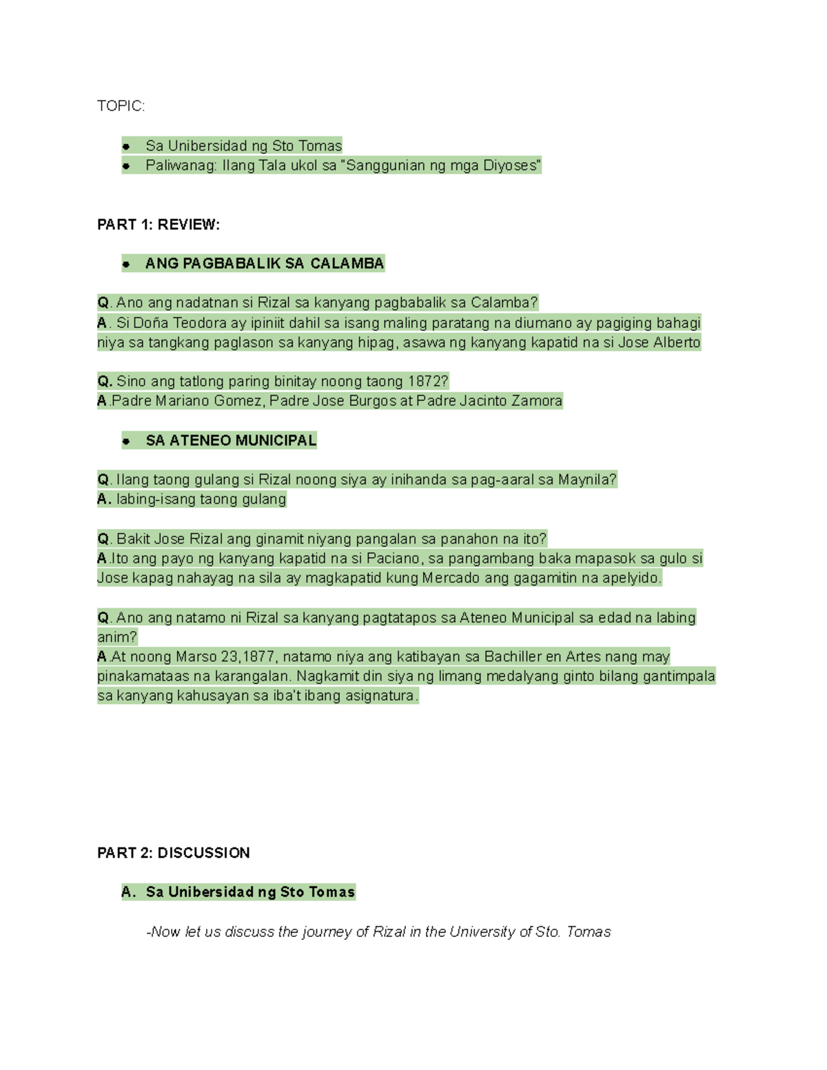 Rizal- Report- Script - TOPIC: Sa Unibersidad ng Sto Tomas Paliwanag: Ilang Tala ukol sa - Studocu