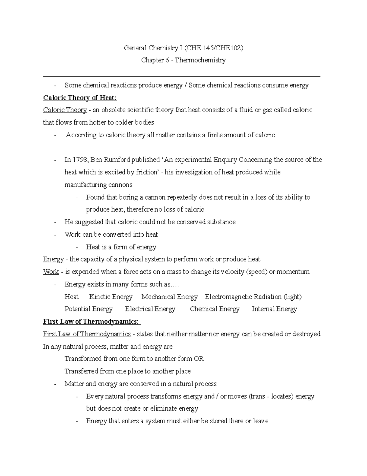 General Chemistry I Chapter 6 - General Chemistry I (CHE 145/CHE102) Chapter 6 - Thermochemistry ...
