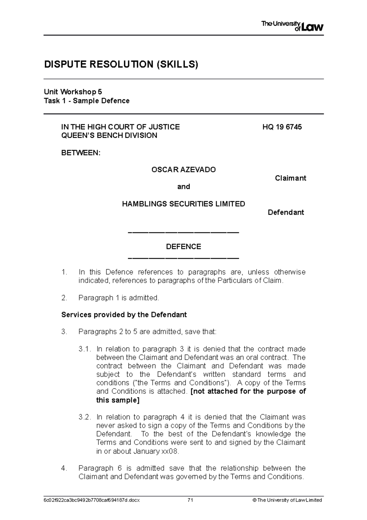 Example - defence - DISPUTE RESOLUTION (SKILLS) Unit Workshop 5 Task 1 ...