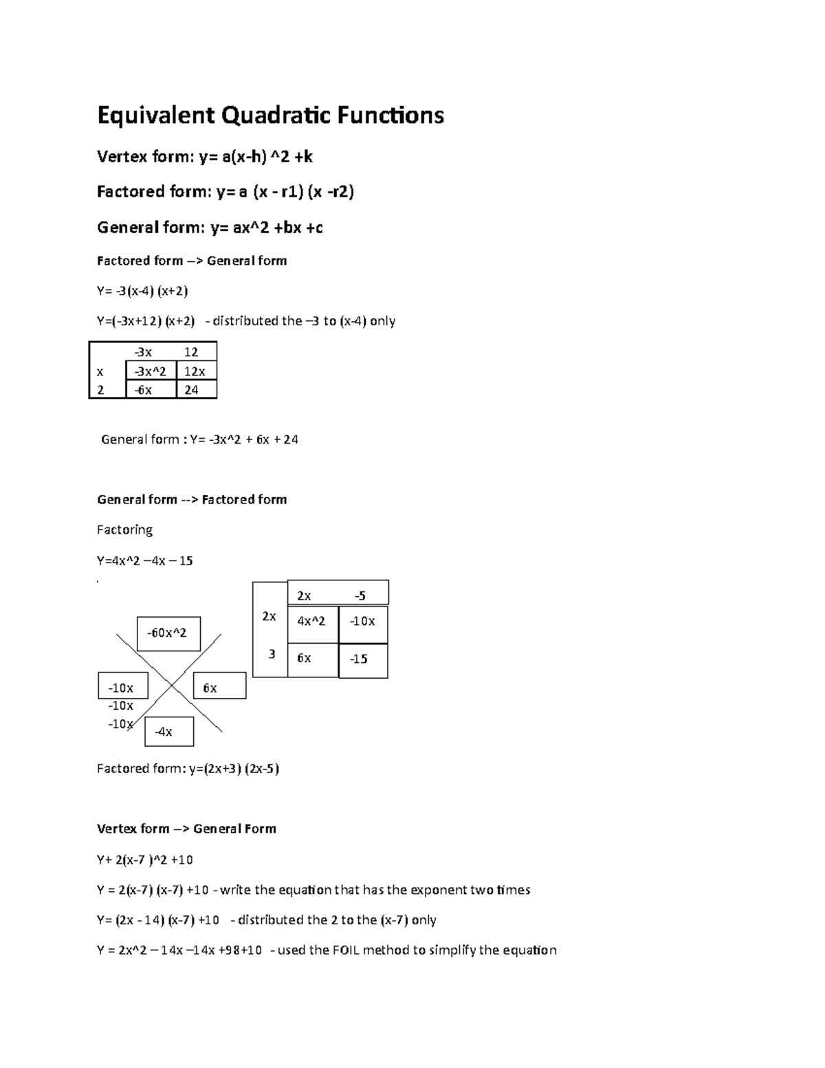 Equivalent Quadratic Functions - Equivalent Quadratic Functions Vertex ...