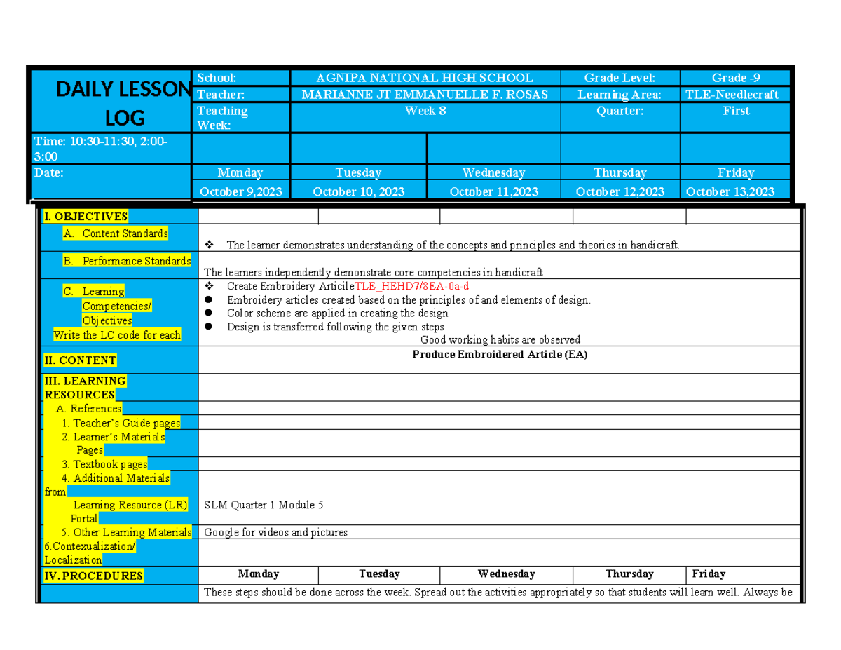 Daily Lesson Plan 2022-2023 Week 8 - I. OBJECTIVES A. Content Standards ...