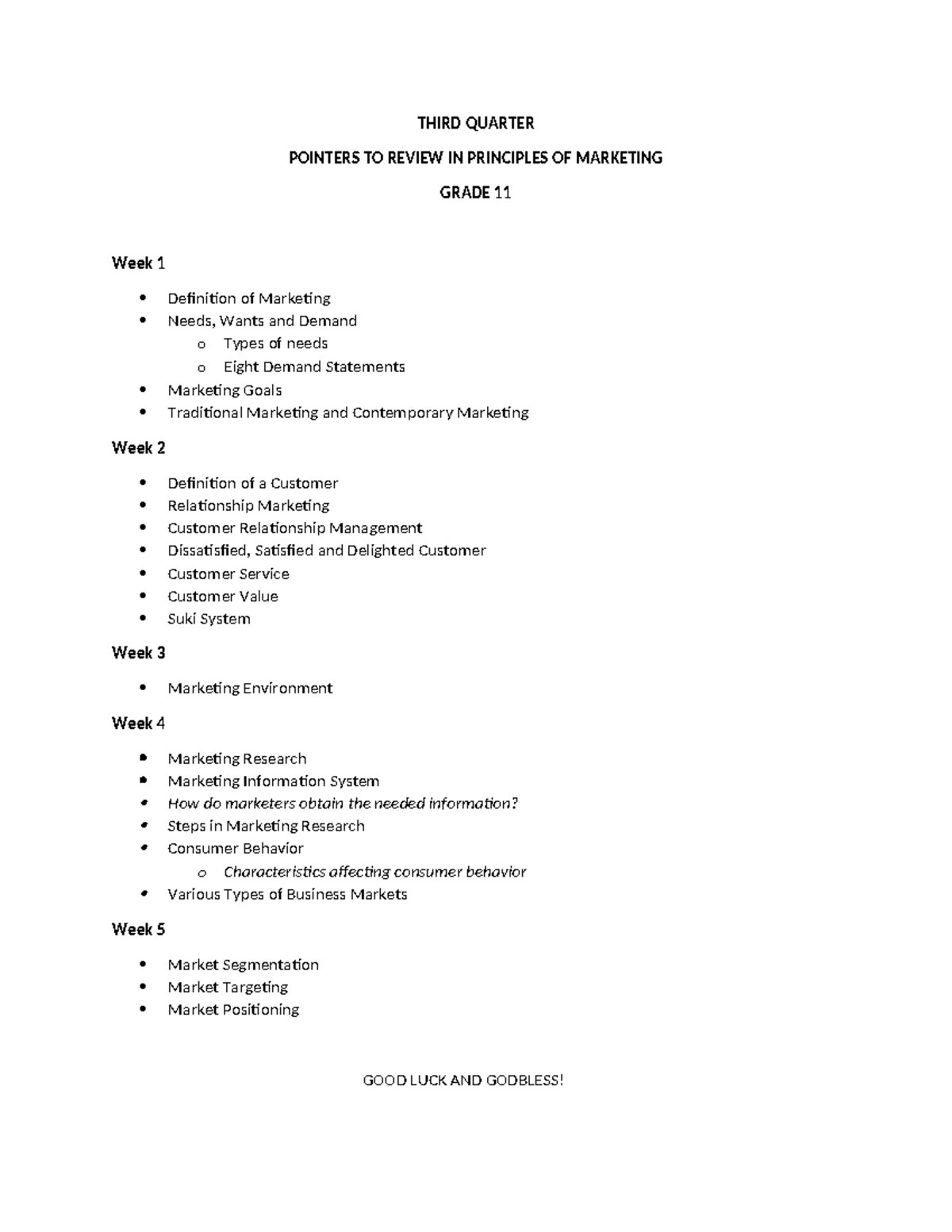 Pointers to review - THIRD QUARTER POINTERS TO REVIEW IN PRINCIPLES OF MARKETING GRADE 11 Week 1 ...