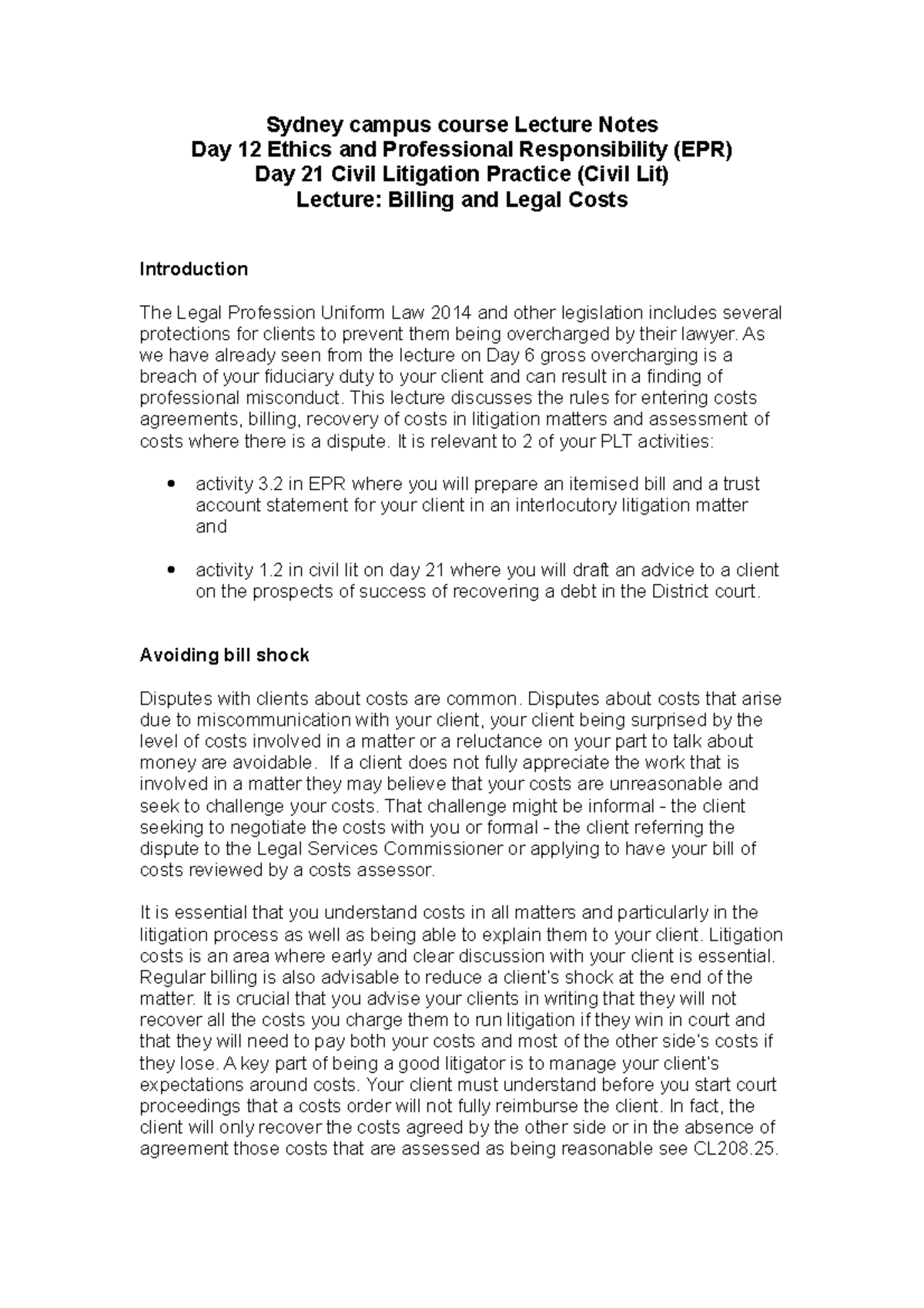 Day 22 Billing and Legal Costs - 200018 - UWS - Studocu