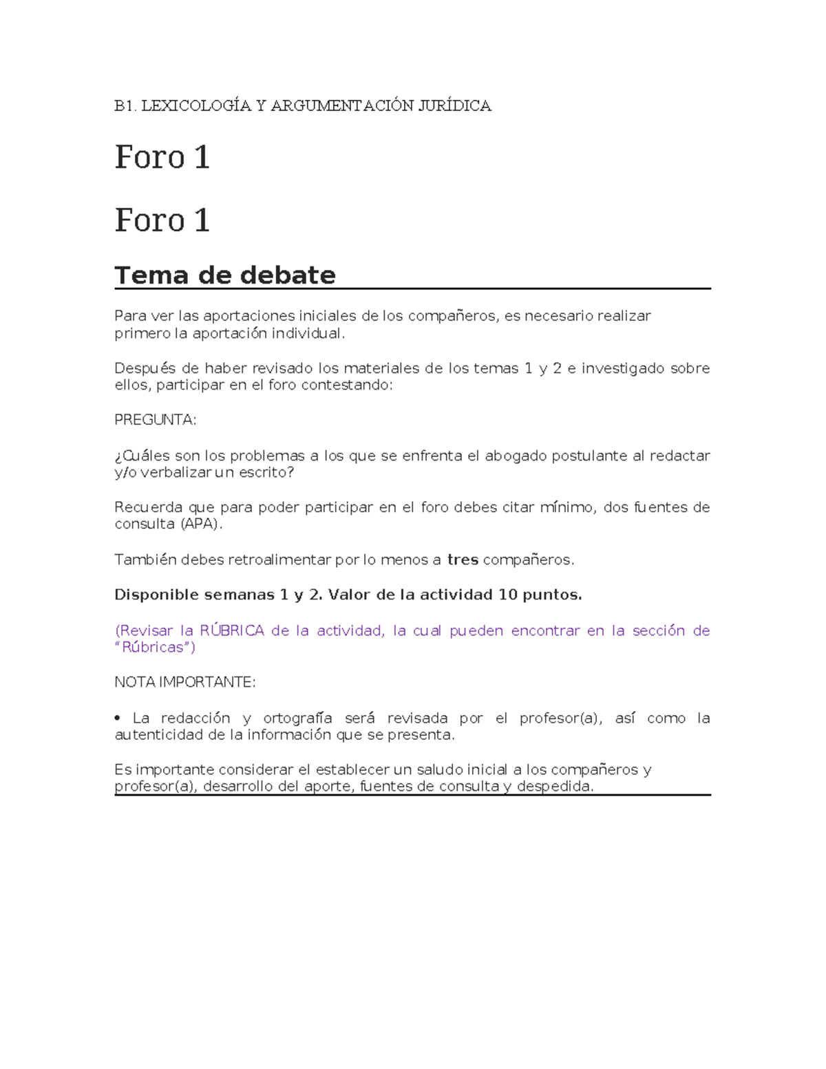 Foro 1 - foro 1 - B1. LEXICOLOGÍA Y ARGUMENTACIÓN JURÍDICA Foro 1 Foro ...