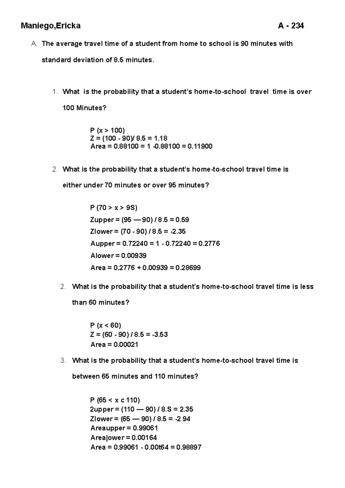 Statcal-a234 - bsa - Maniego,Ericka A - 234 A. The average travel time ...