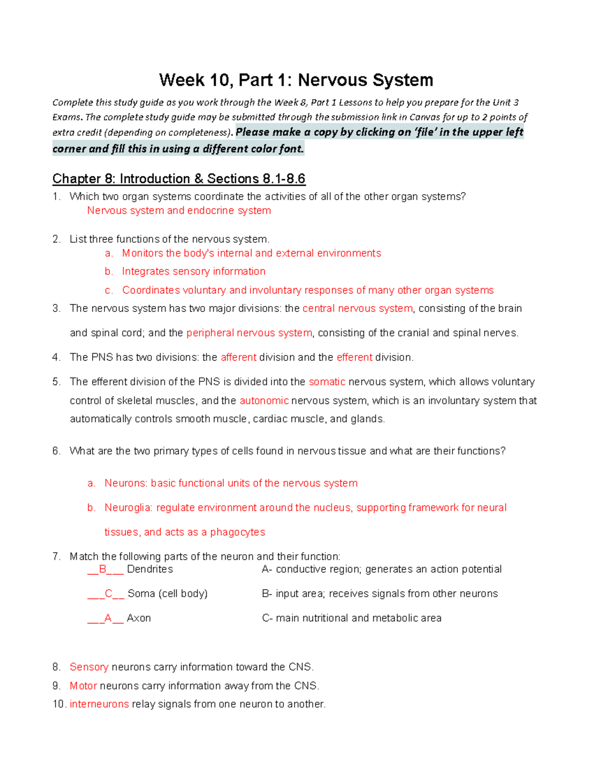 Copy of Copy of BIO 145 Week 10, Part 1 Nervous System Answer KEY - Week 10, Part 1: Nervous ...