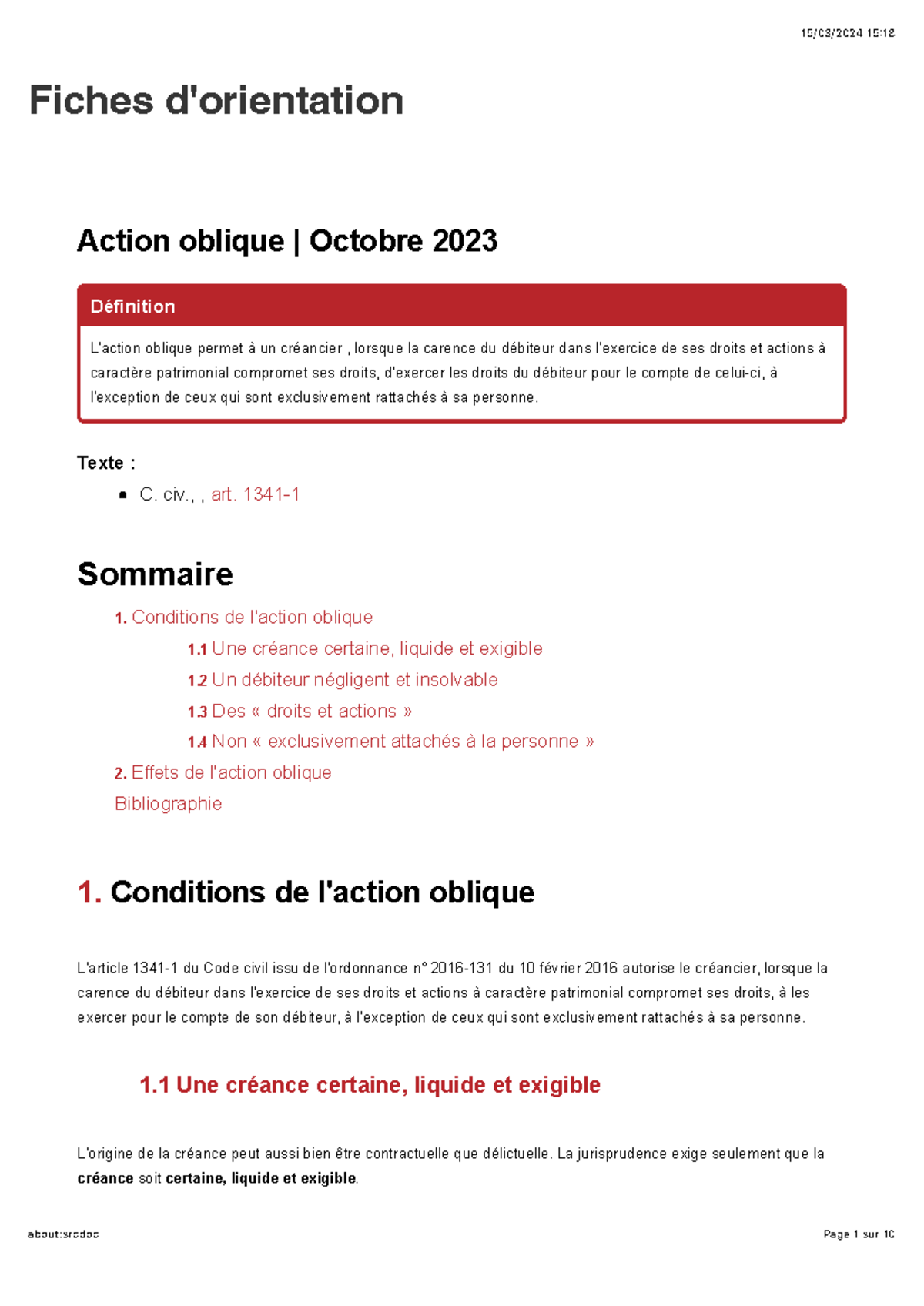 Action oblique - Fiches d'orientation - octobre 2023 Dalloz - Fiches d ...