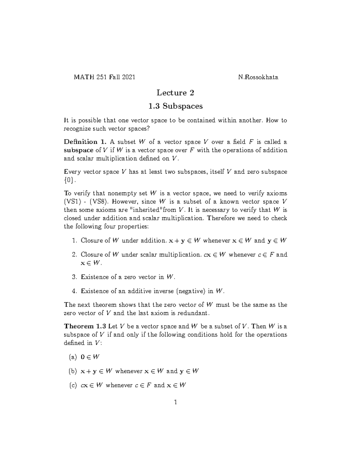 Lecture 2 MATH 251 Notes - MATH 251 Fall 2021 N Lecture 2 1 Subspaces ...