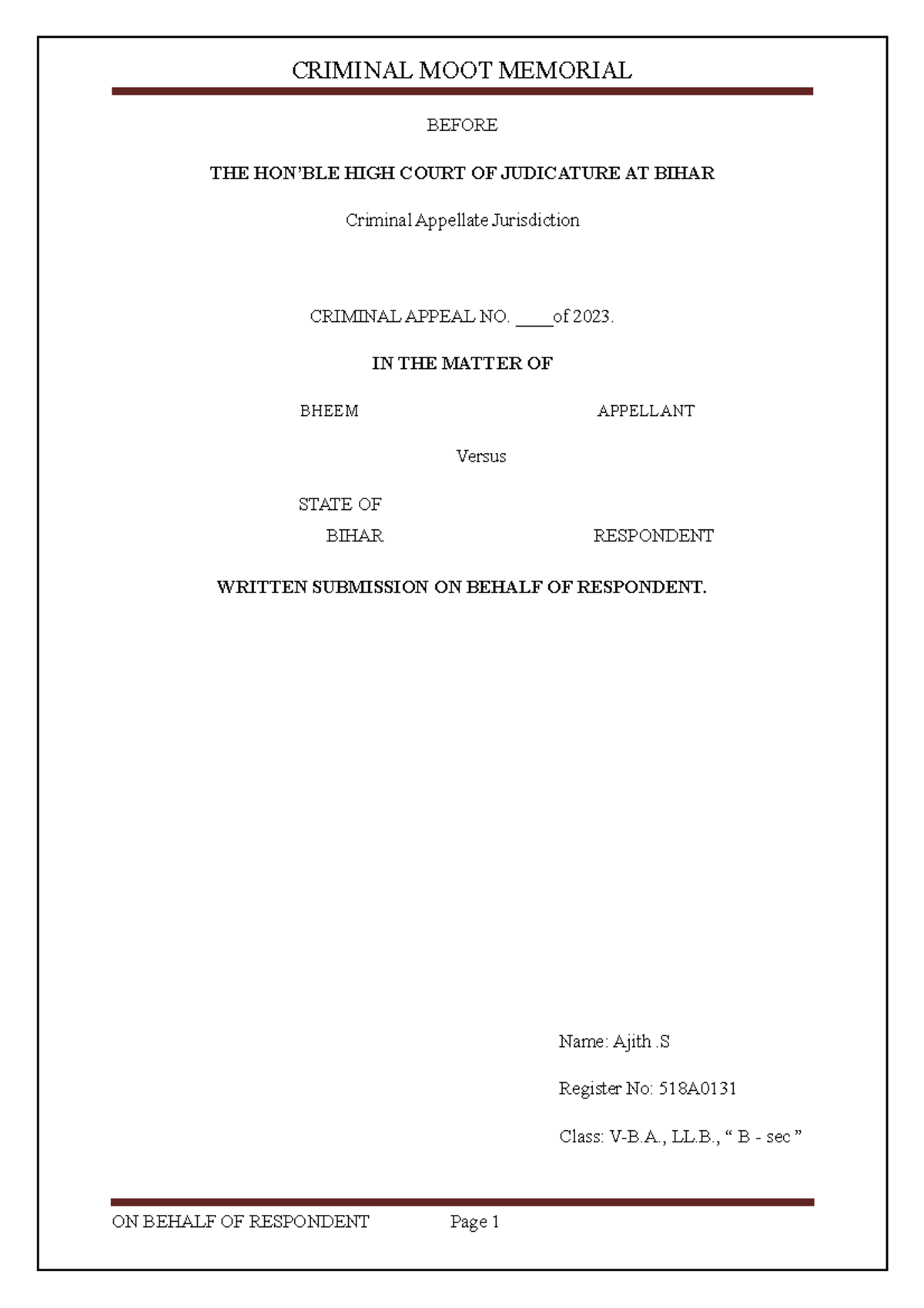 Criminal memorial for respondent - BEFORE THE HON’BLE HIGH COURT OF ...