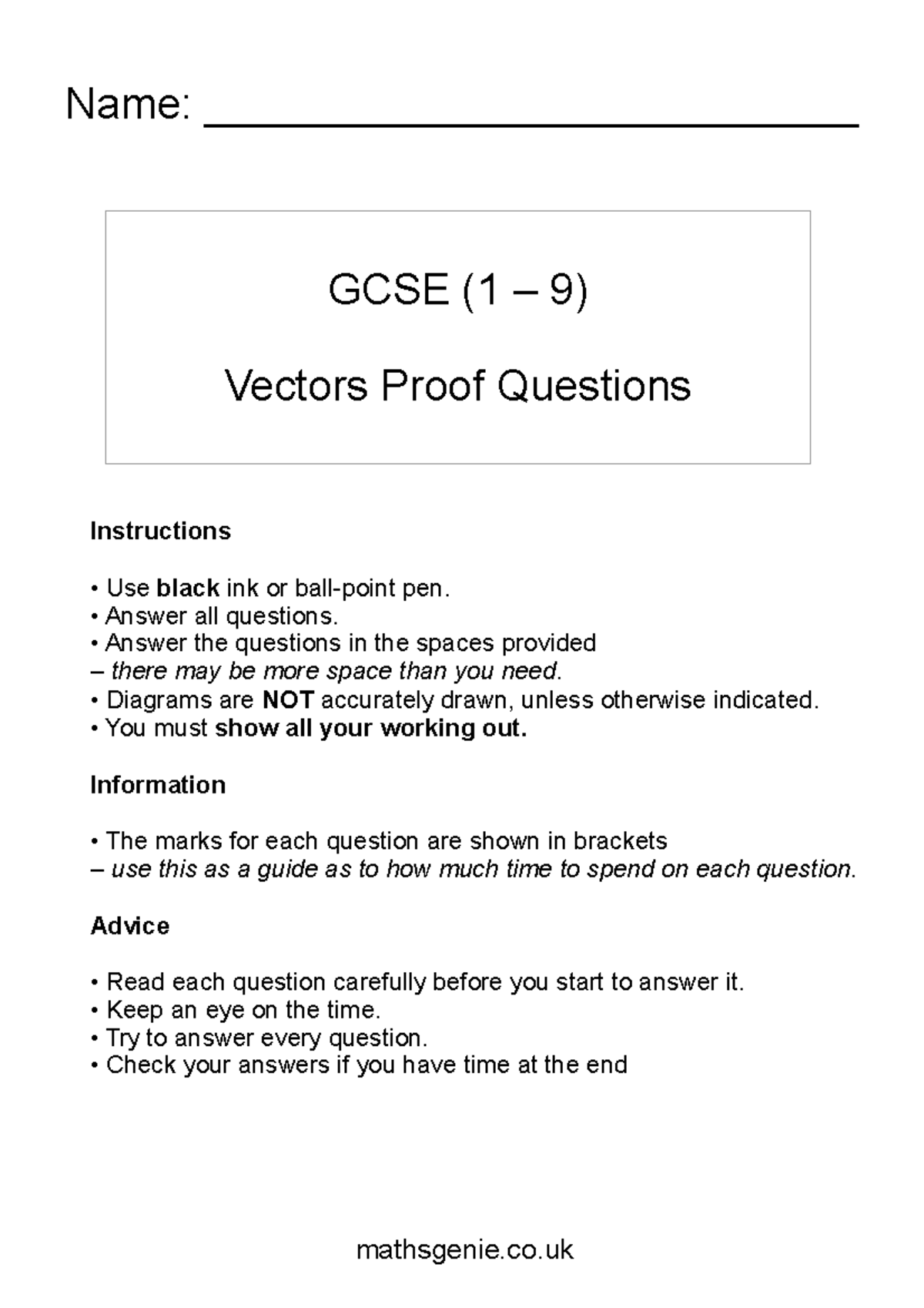 9-vectors - GCSE (1 – 9) Vectors Proof Questions Name ...