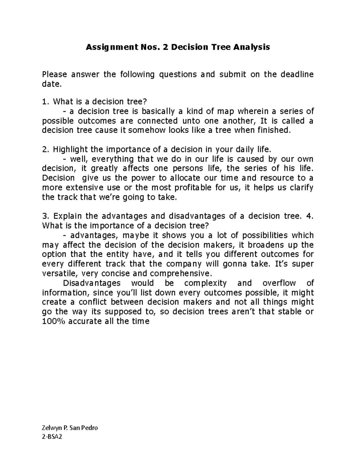 Assignment No.1 Decision Tree Analysis San Pedro - Assignment Nos. 2 ...