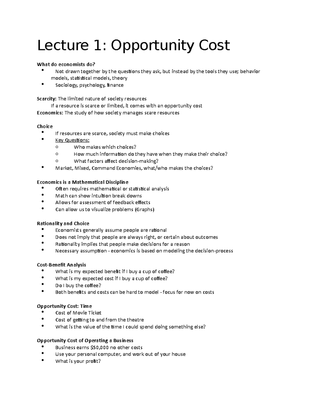 Lecture 1 Opportunity Cost - Lecture 1: Opportunity Cost What do ...