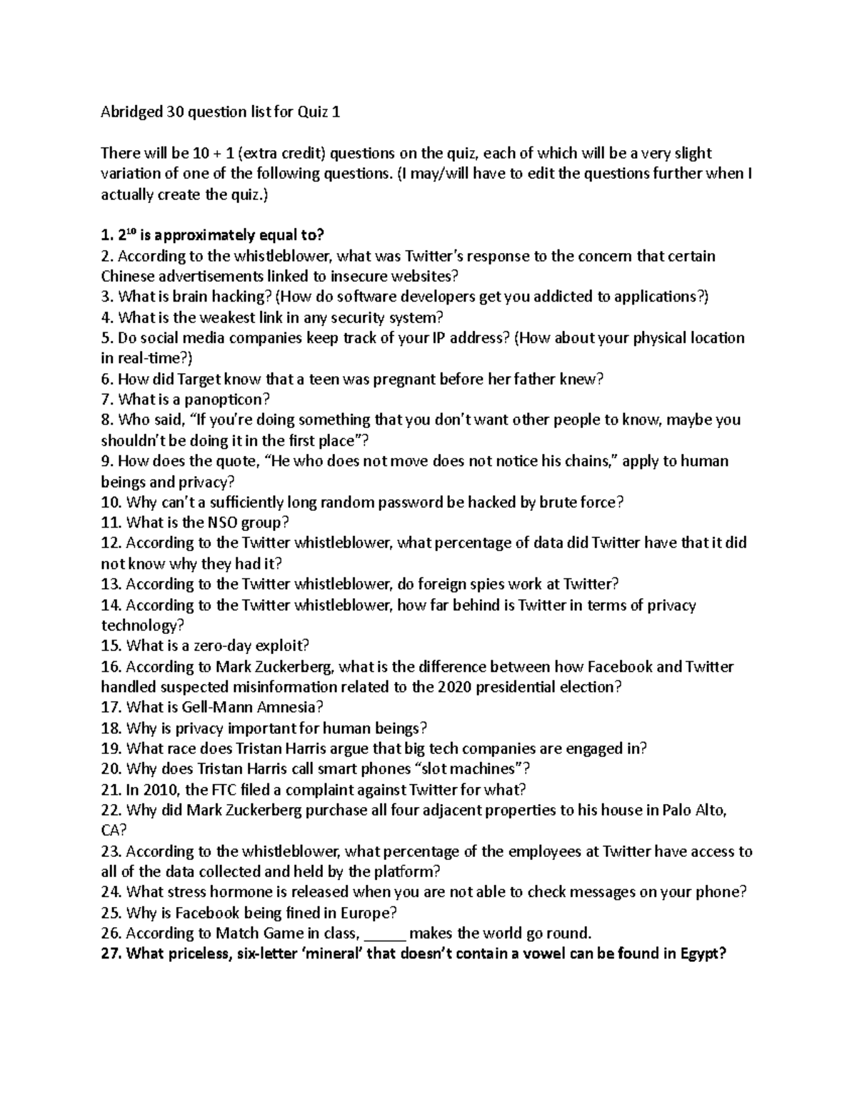 30 question list for Quiz 1 - Abridged 30 question list for Quiz 1 ...