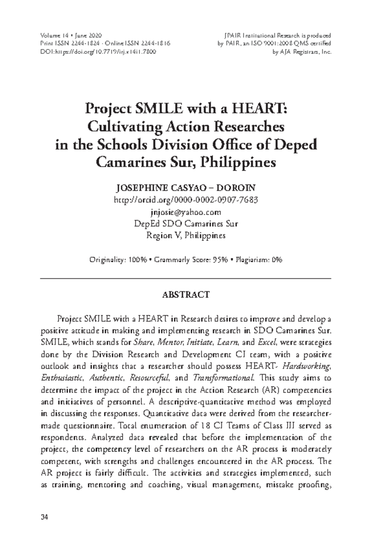 IRJVol 14 58 69 - NONE - JPAIR Institutional Research Project SMILE with a HEART: Cultivating ...