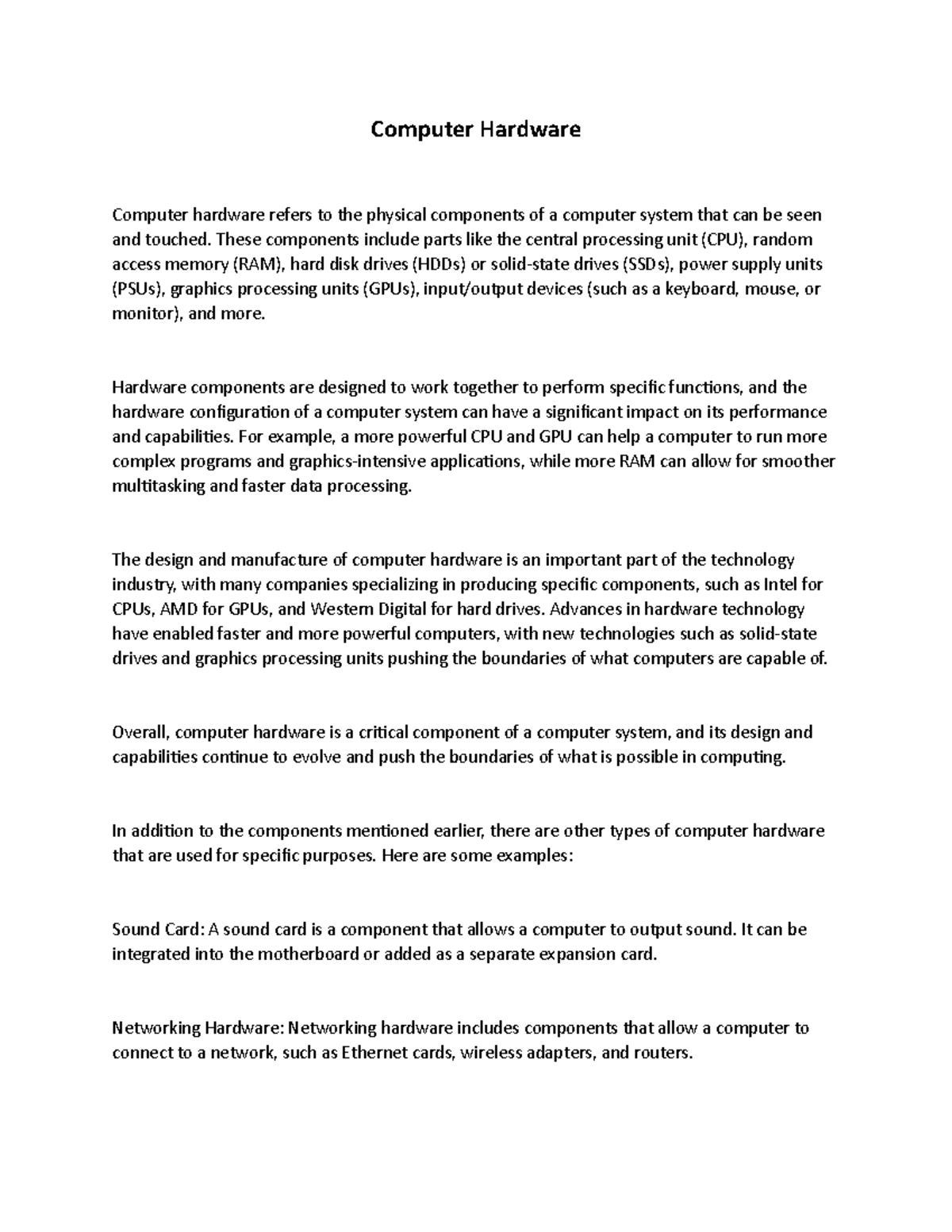 What is Computer Hardware? - Computer Hardware Computer hardware refers ...