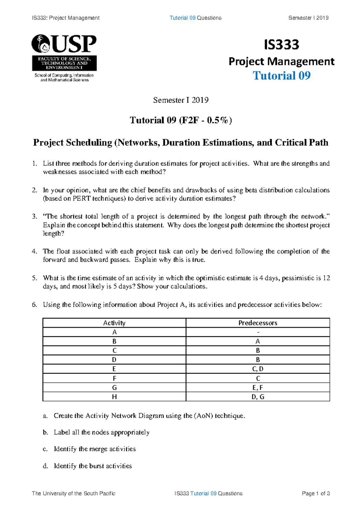 Tutorial 09 (F2F) - Project Scheduling (Networks, Duration Estimation, and Critical Path) - List ...