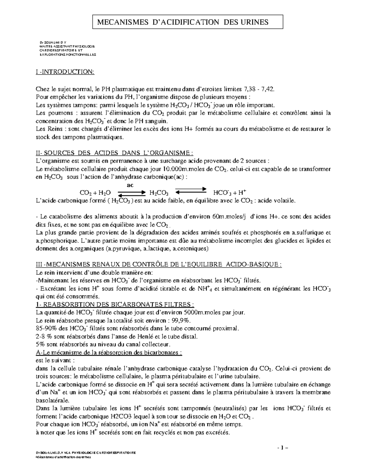 C21 Mécanisme d'acidification des urines - 1 – Dr SOUALMI.D M ...