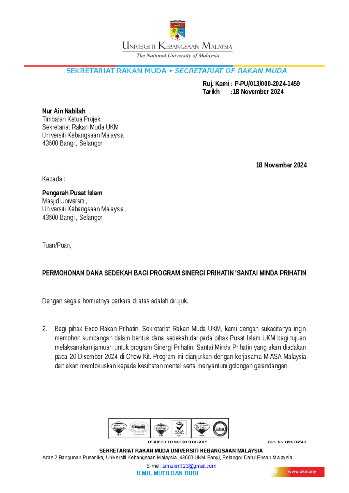 Surat pracise dont rder - SEKRETARIAT RAKAN MUDA UNIVERSITI KEBANGSAAN ...