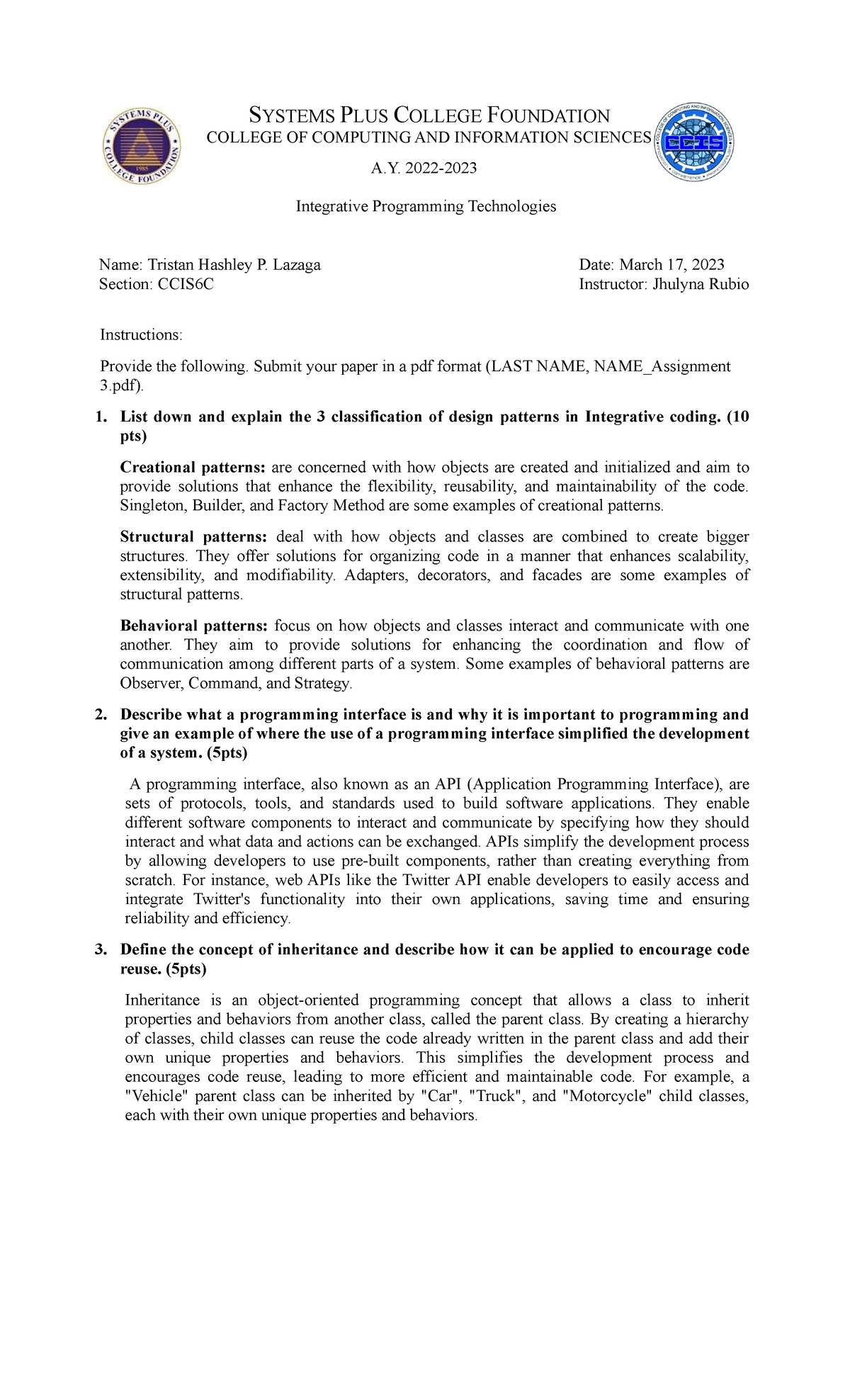 IPTL Assignment 1 - ddddddddddsdwefqe - SYSTEMS PLUS COLLEGE FOUNDATION COLLEGE OF COMPUTING AND ...