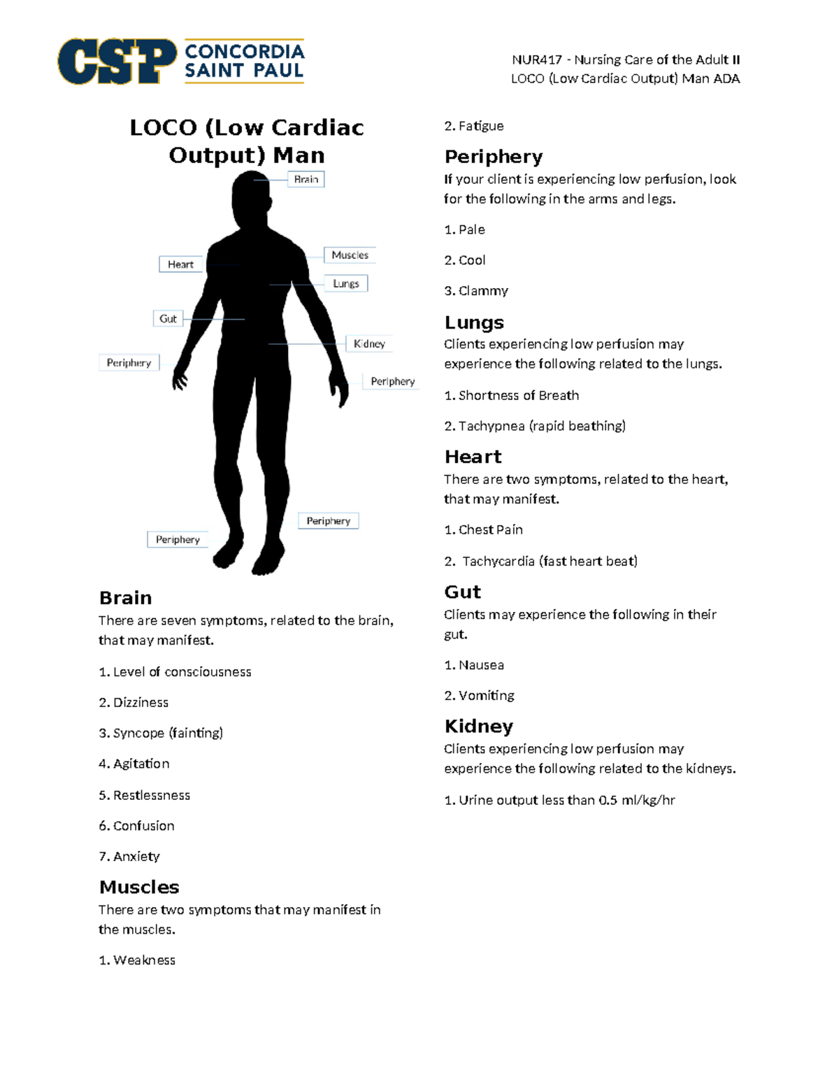 LOCO (Low Cardiac Output) Man Worksheet - NUR417 - Nursing Care of the ...