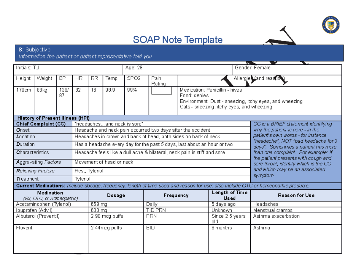 Week 3 SOAP notes Tina Foster shadow health - NR 509 - Chamberlain ...
